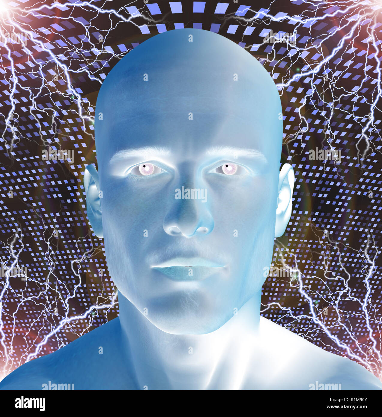 Future man. Blue glowing skin. Lightnings background Stock Photo - Alamy