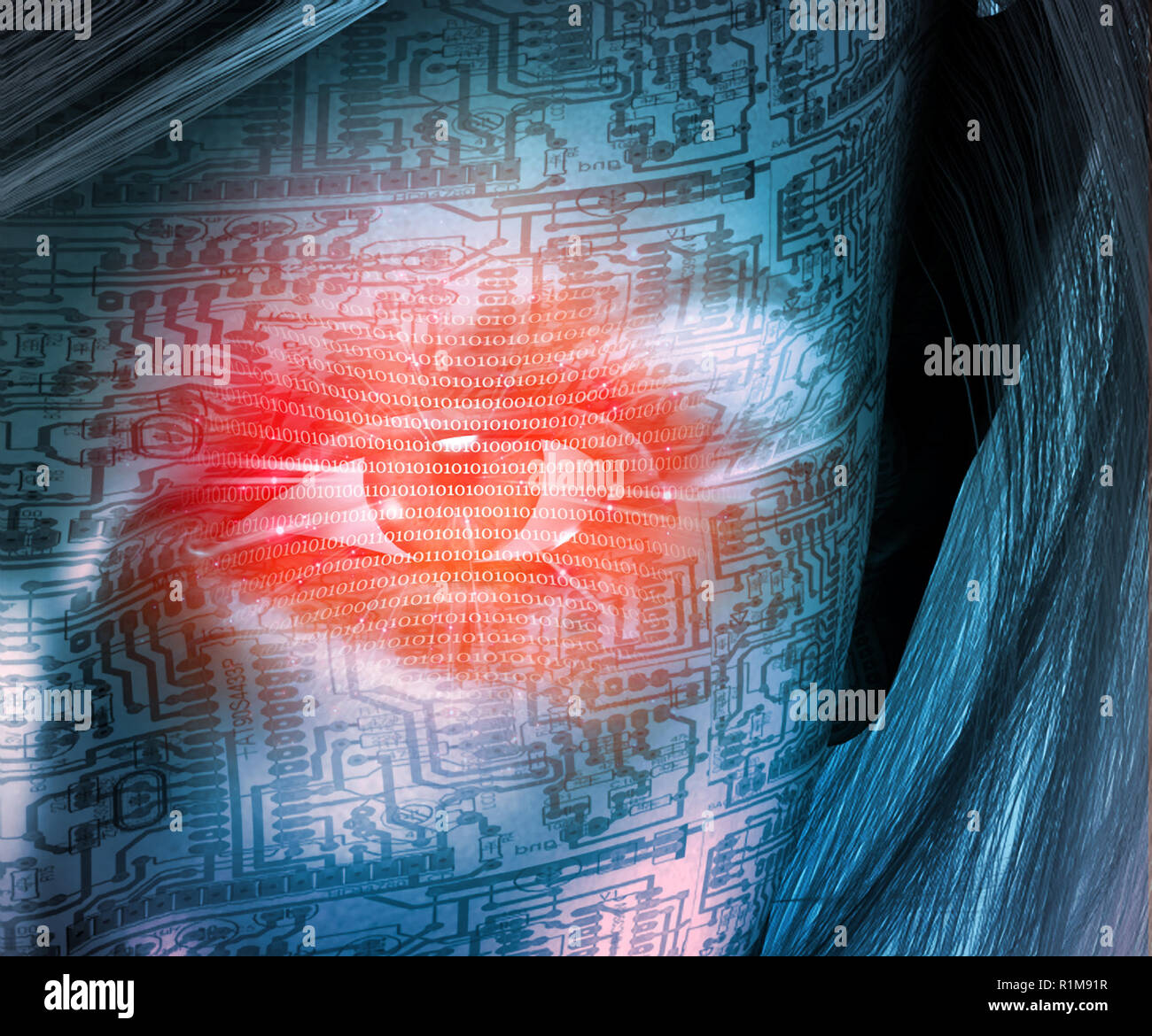 Cyborg woman face. Binary code in red eye, circuit pattern Stock Photo ...