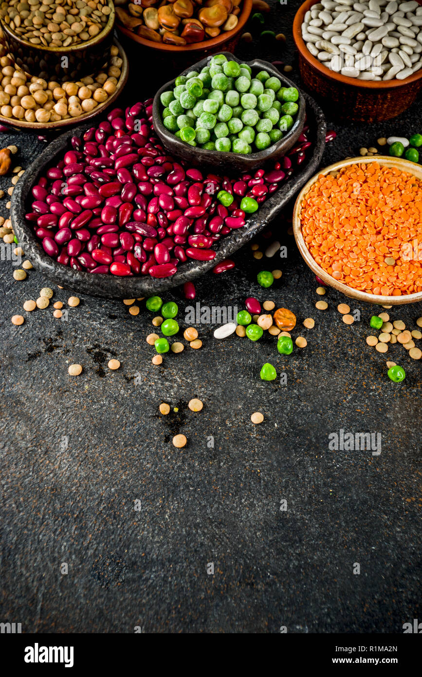 Various assortment of legumes - beans, soy beans, chickpeas, lentils ...