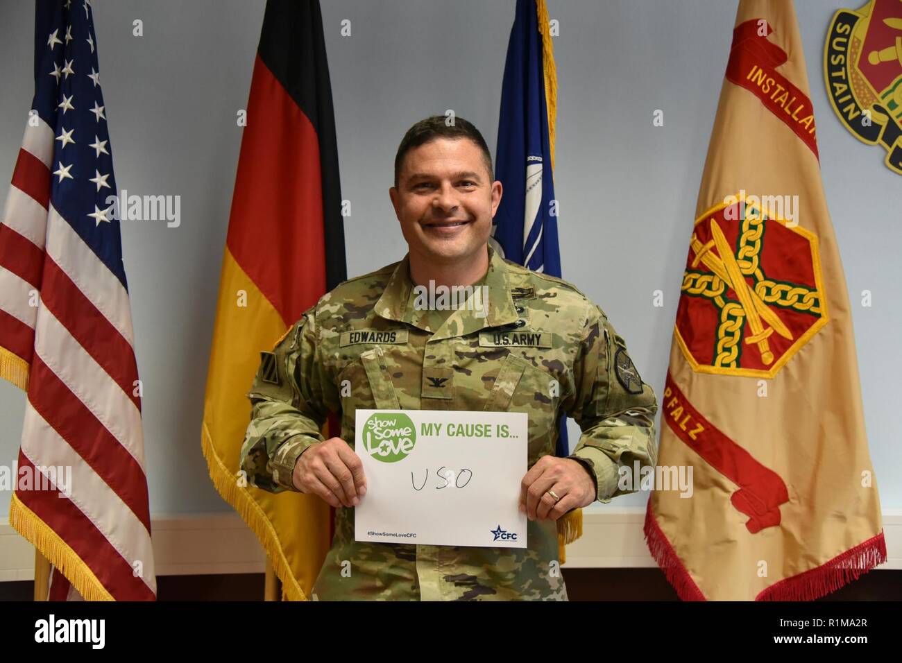 U.S. Army Garrison Rheinland-Pfalz Commander Col. Jason Edwards shows ...