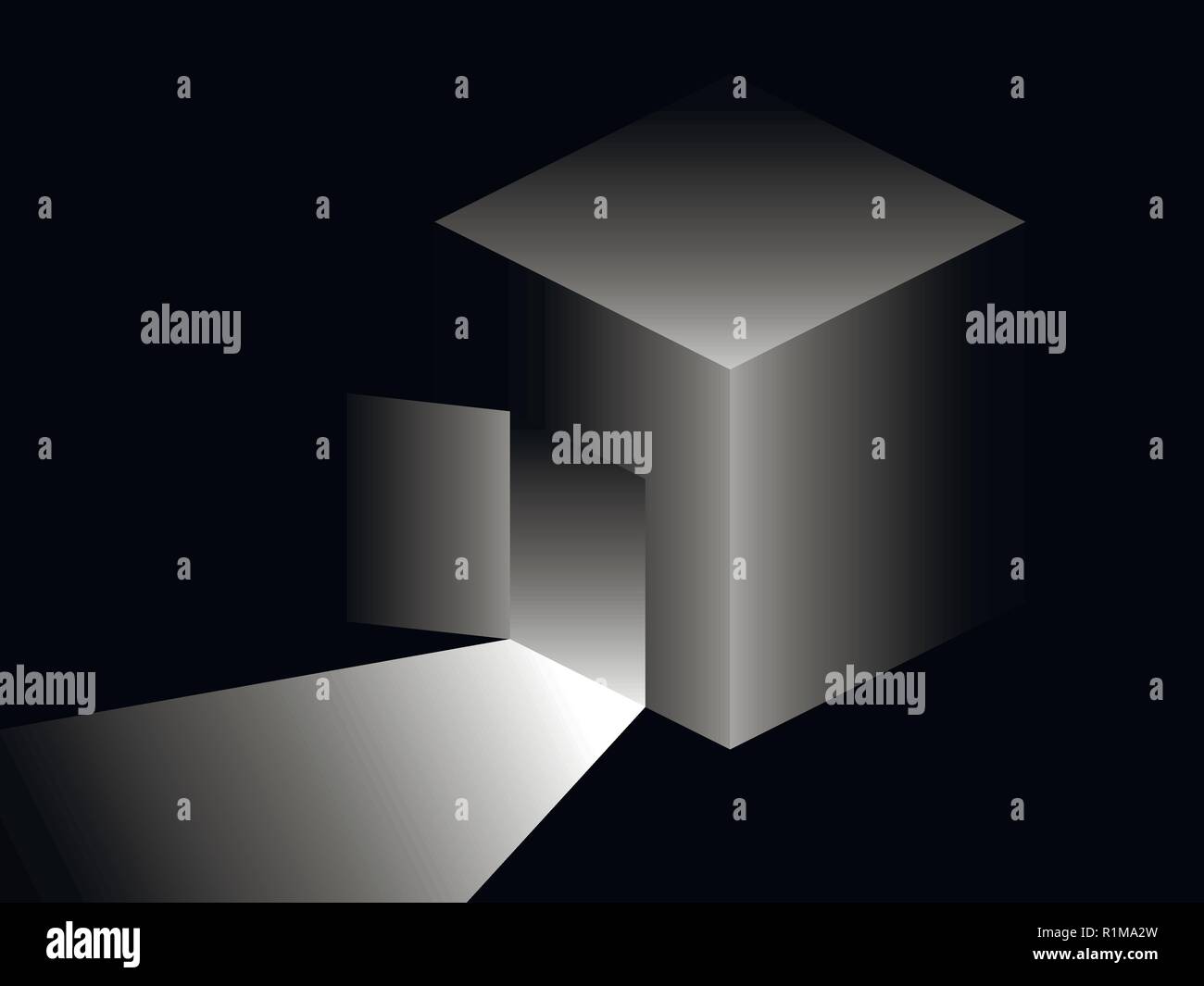 Isometric cube with door, light from an open door. Retro surrealism in ...