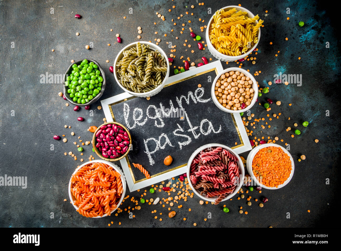 Trend healthy food, vegan diet concept. Multi colored legume pasta with ...