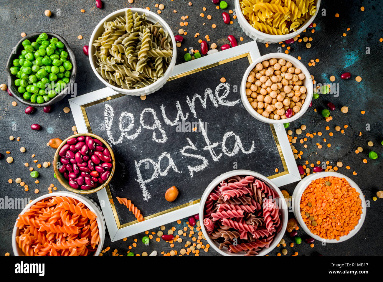 Trend healthy food, vegan diet concept. Multi colored legume pasta with ...
