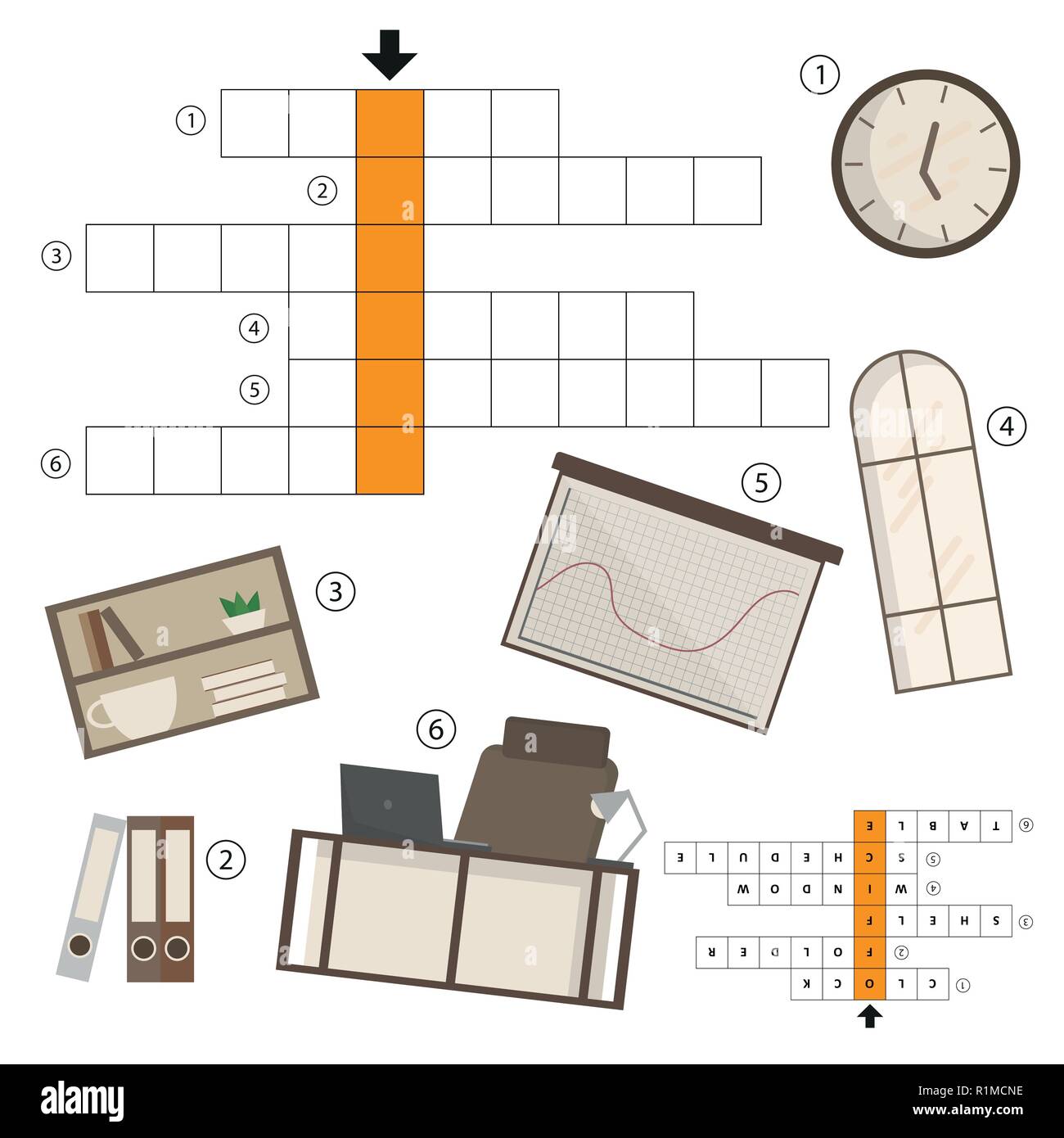 Vector colorless crossword, education game for children - office icons ...