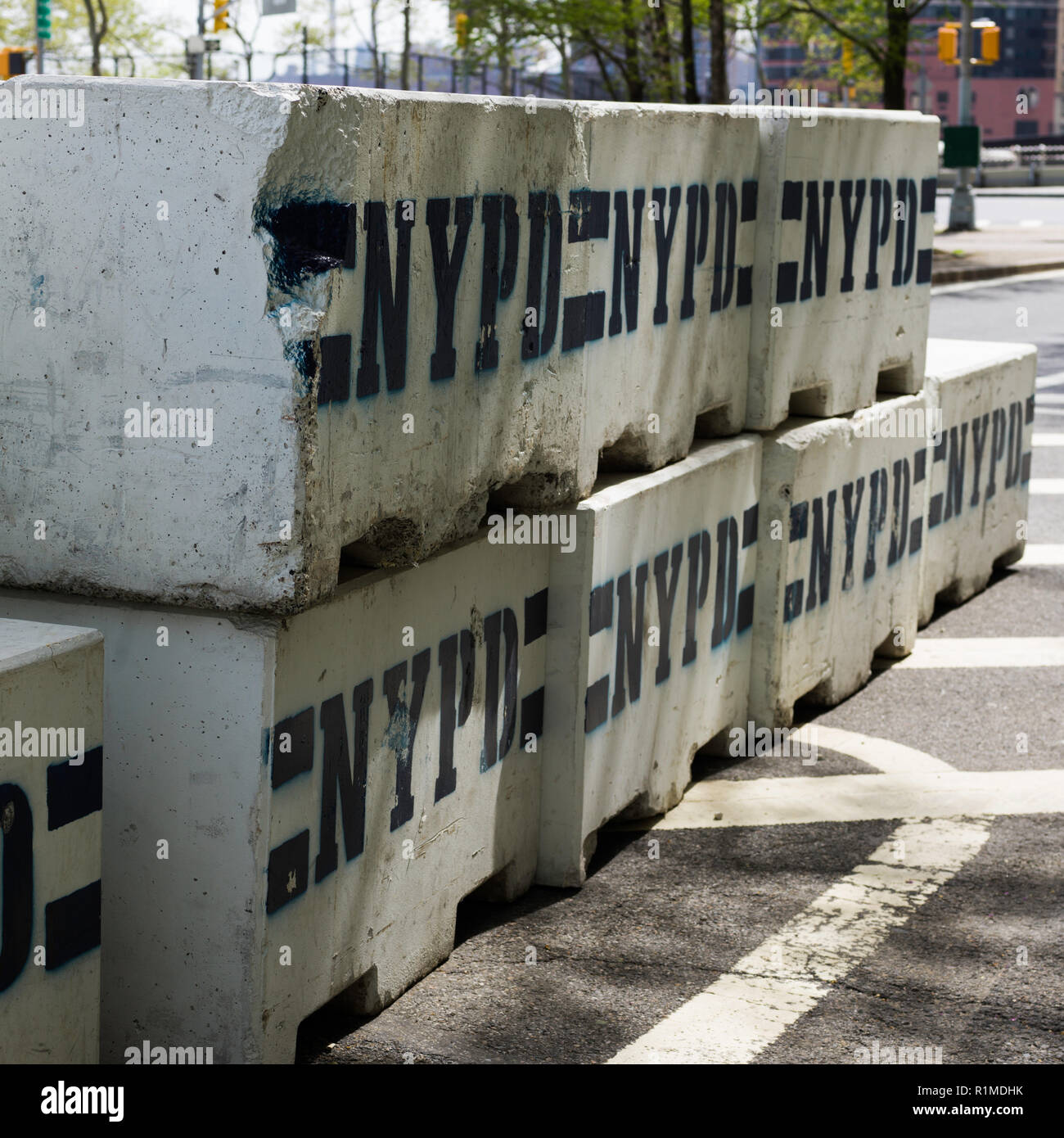 Concrete blocks on road, New York City, New York State, USA Stock Photo ...