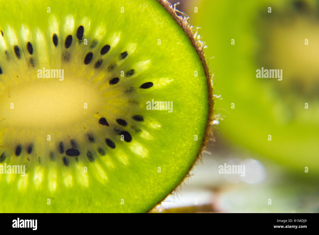 Green fresh kiwi fruit sliced piece stands backlit, healthy diet, new ...