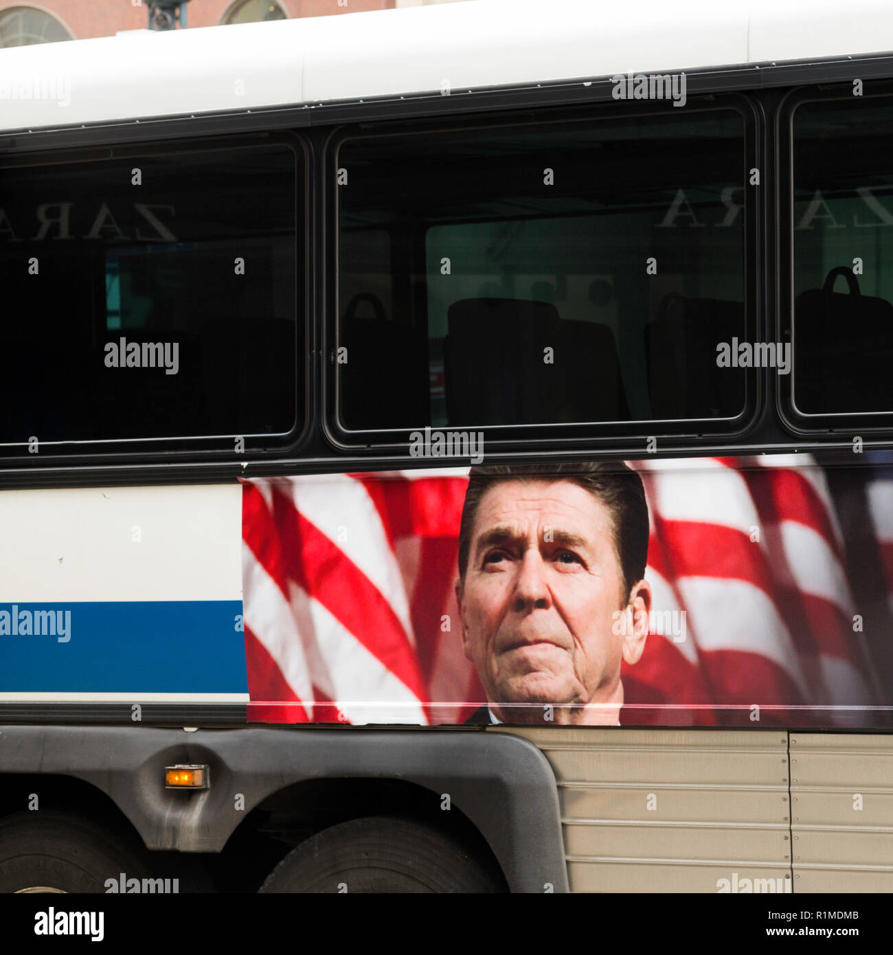 Poster of Ronald Reagan former president of USA on a bus, New York City ...