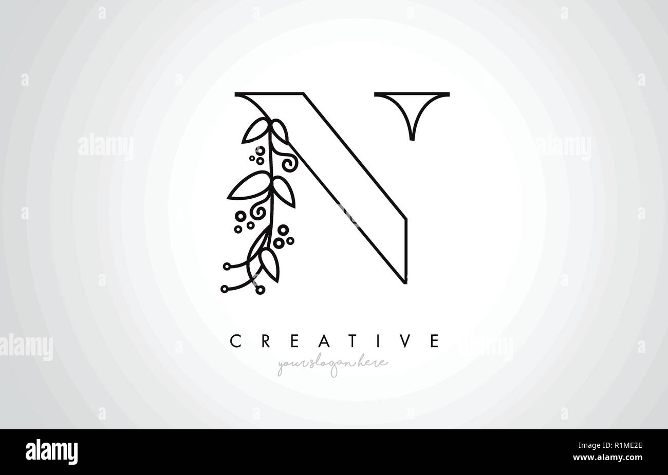 N Letter Logo With Organic Monogram Plant Leafs Detail and Circle ...