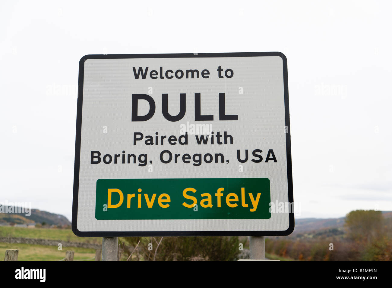 Road sign at Scottish village called Dull near Aberfeldy in Perthshire ...