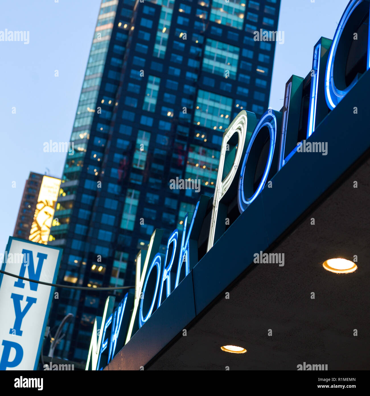 Low angle view of NYPD office building, Times Square, New York City ...