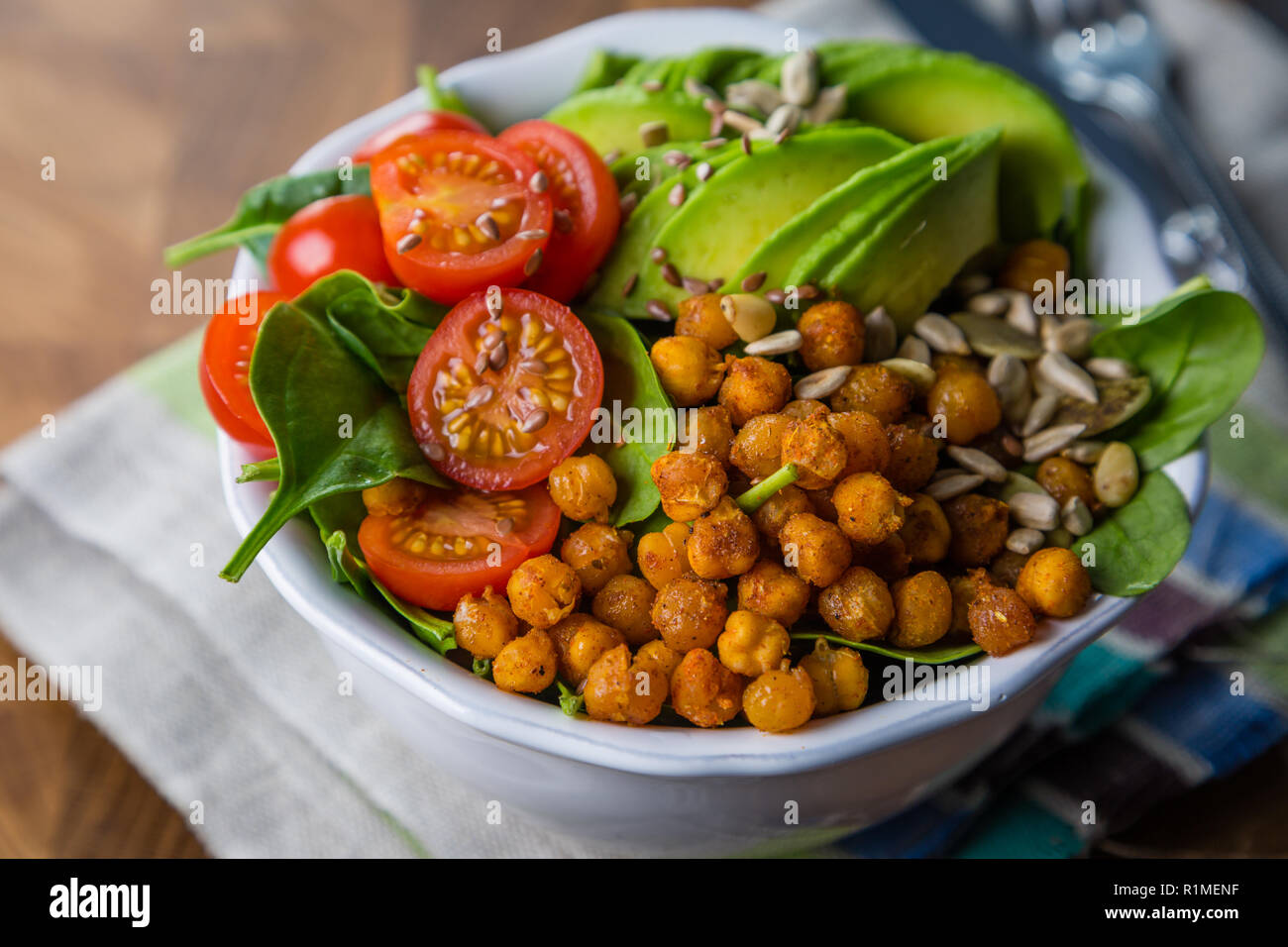 Vegeterian buddha bowl - balanced meat with spinach, chicken pea and ...