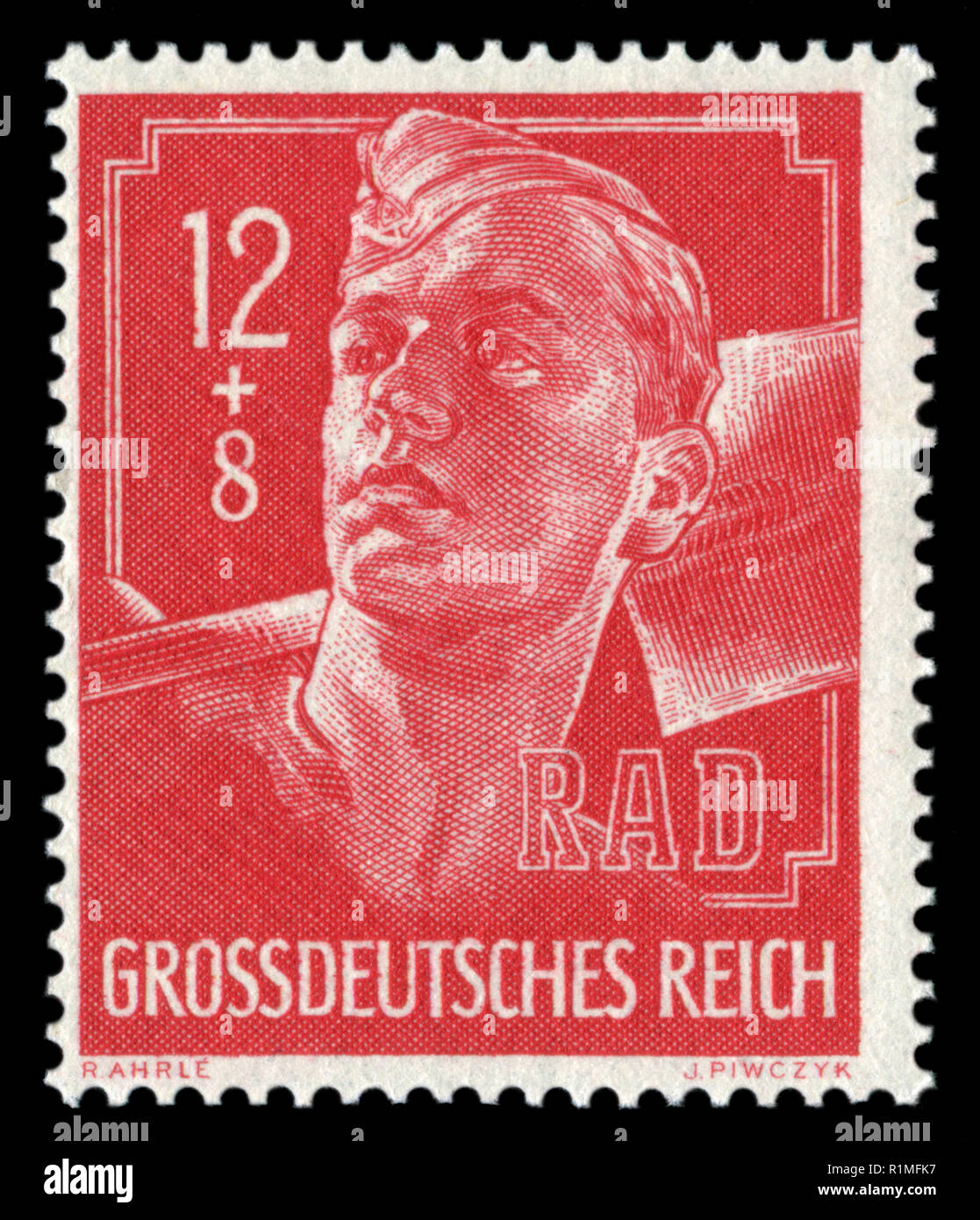German postage stamp: RAD service worker in uniform with a shovel on ...