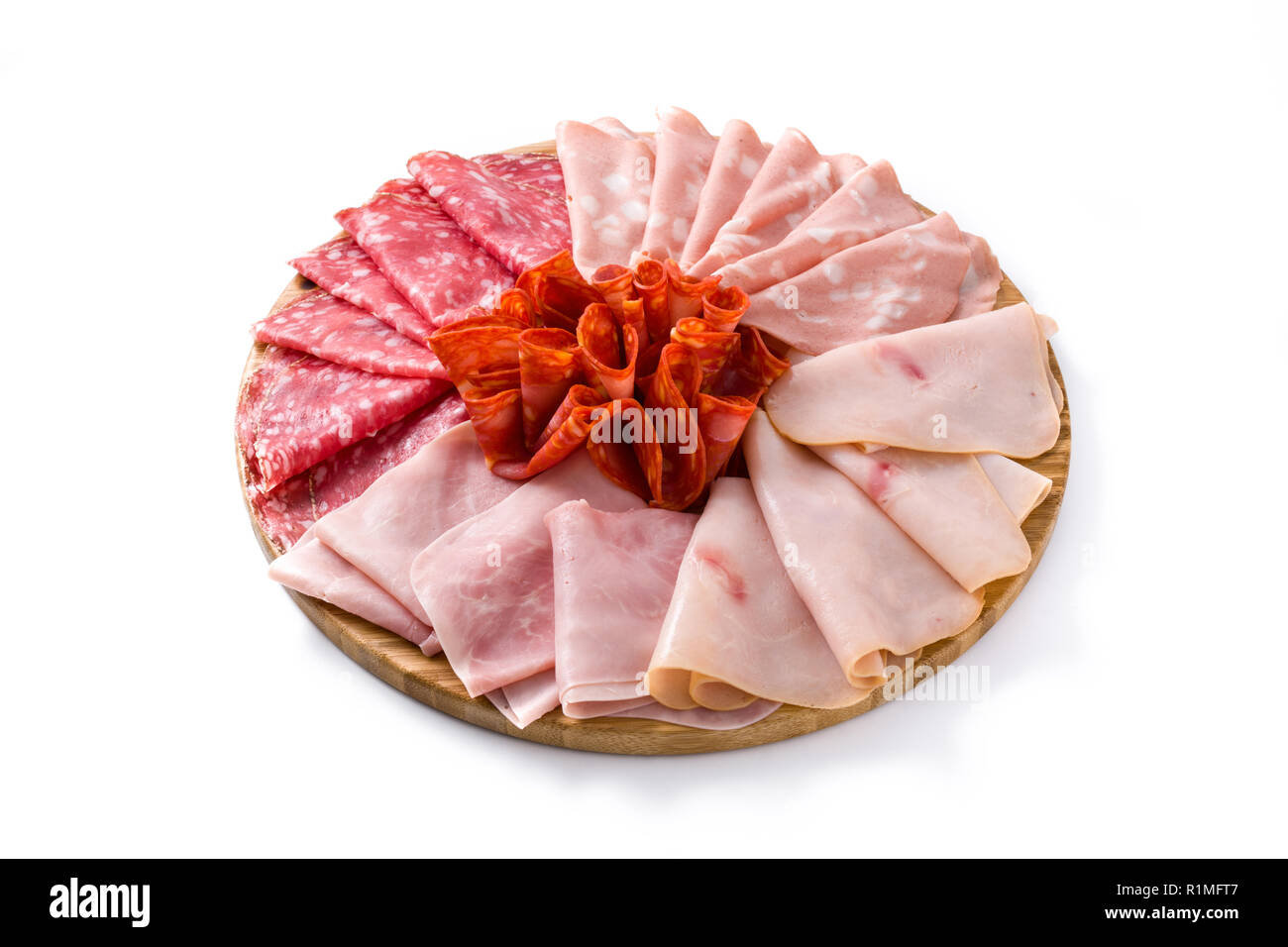 Cold meat on cutting board isolated on white background. Ham, salami ...