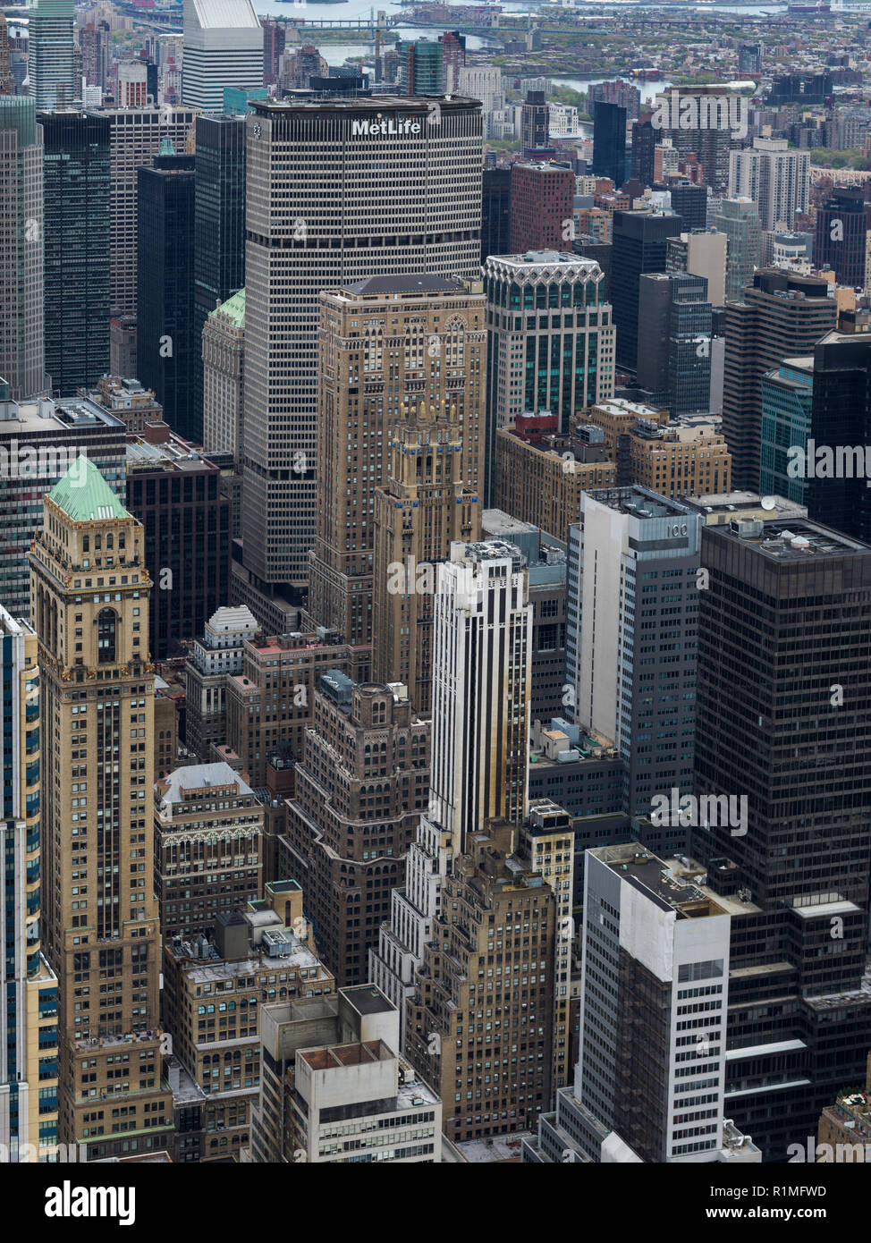 Aerial view of skyscrapers in city, New York City, New York State, USA ...