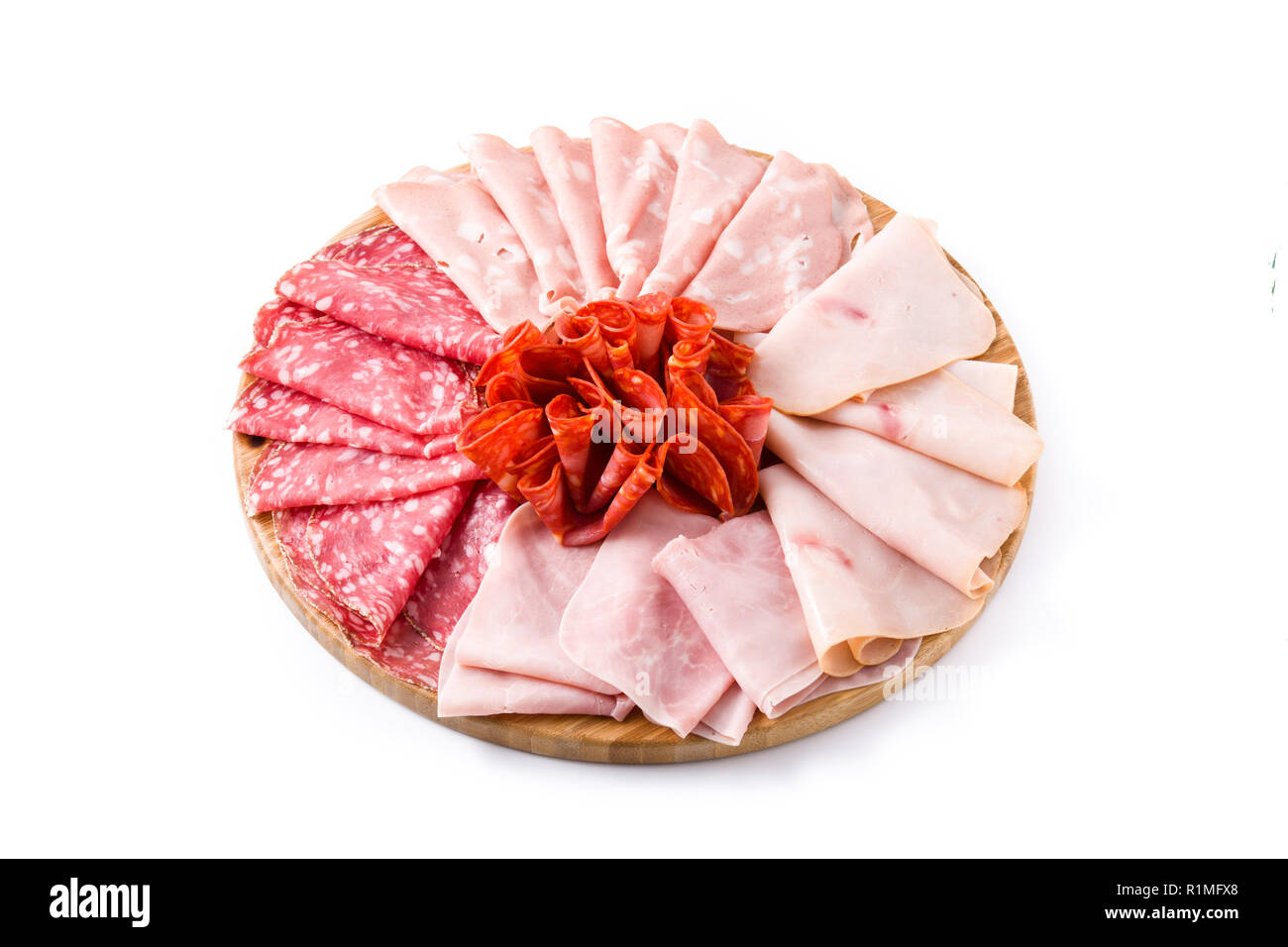 Cold meat on cutting board isolated on white background. Ham, salami ...