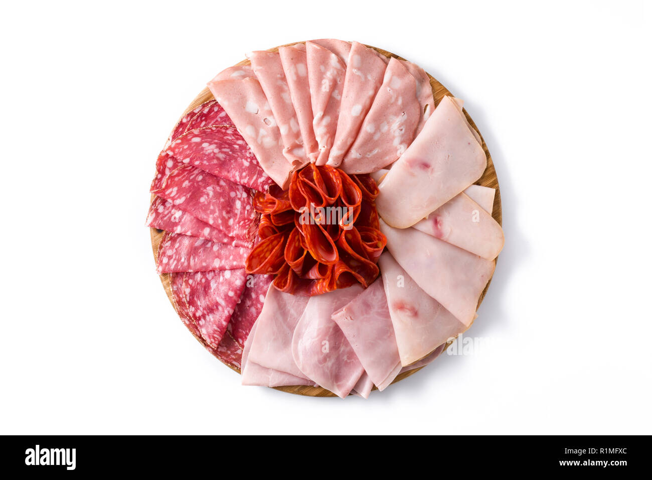Cold meat on cutting board isolated on white background from above. Ham ...