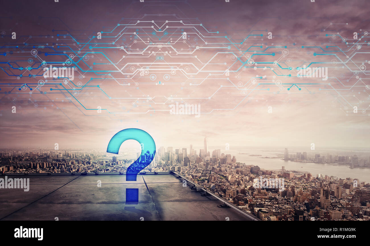 Blue interrogation mark hologram on the rooftop of a skyscraper over ...