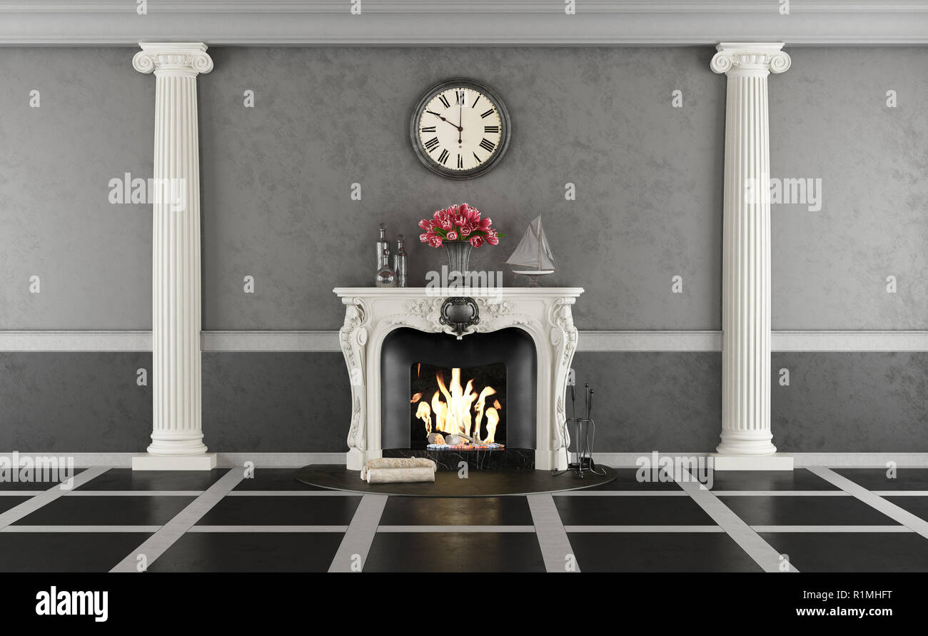 Living room in classic style with elegant fireplace and two ionic ...