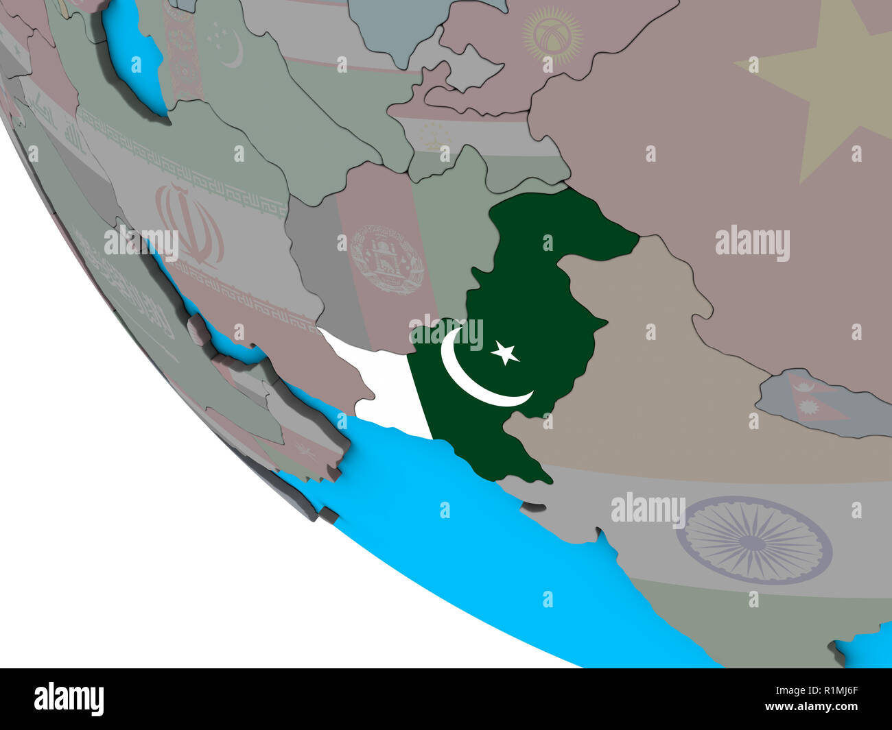 Pakistan with embedded national flag on simple 3D globe. 3D ...