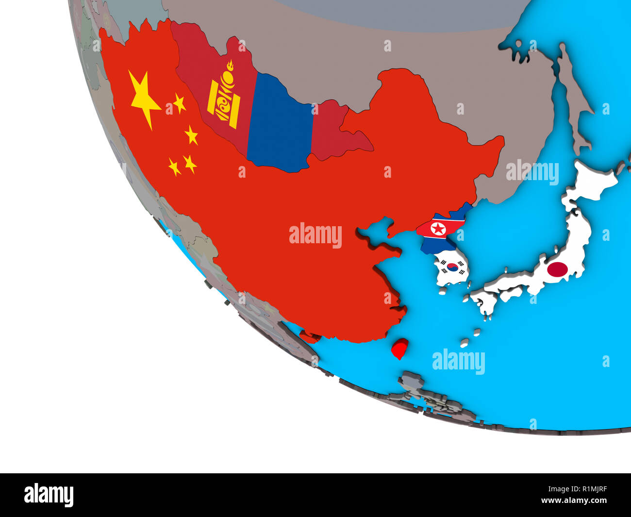 East Asia with embedded national flags on simple 3D globe. 3D ...