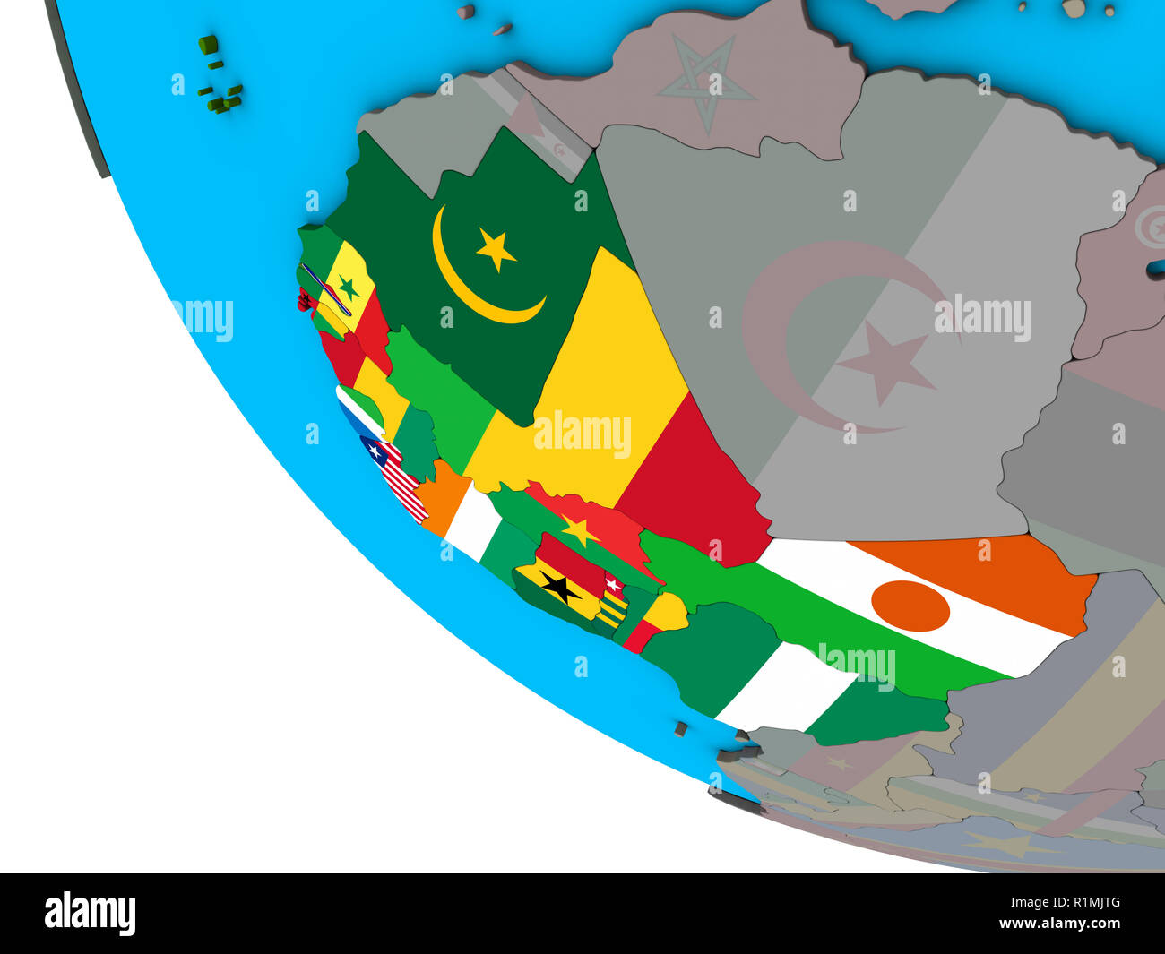 Western Africa with embedded national flags on simple 3D globe. 3D ...