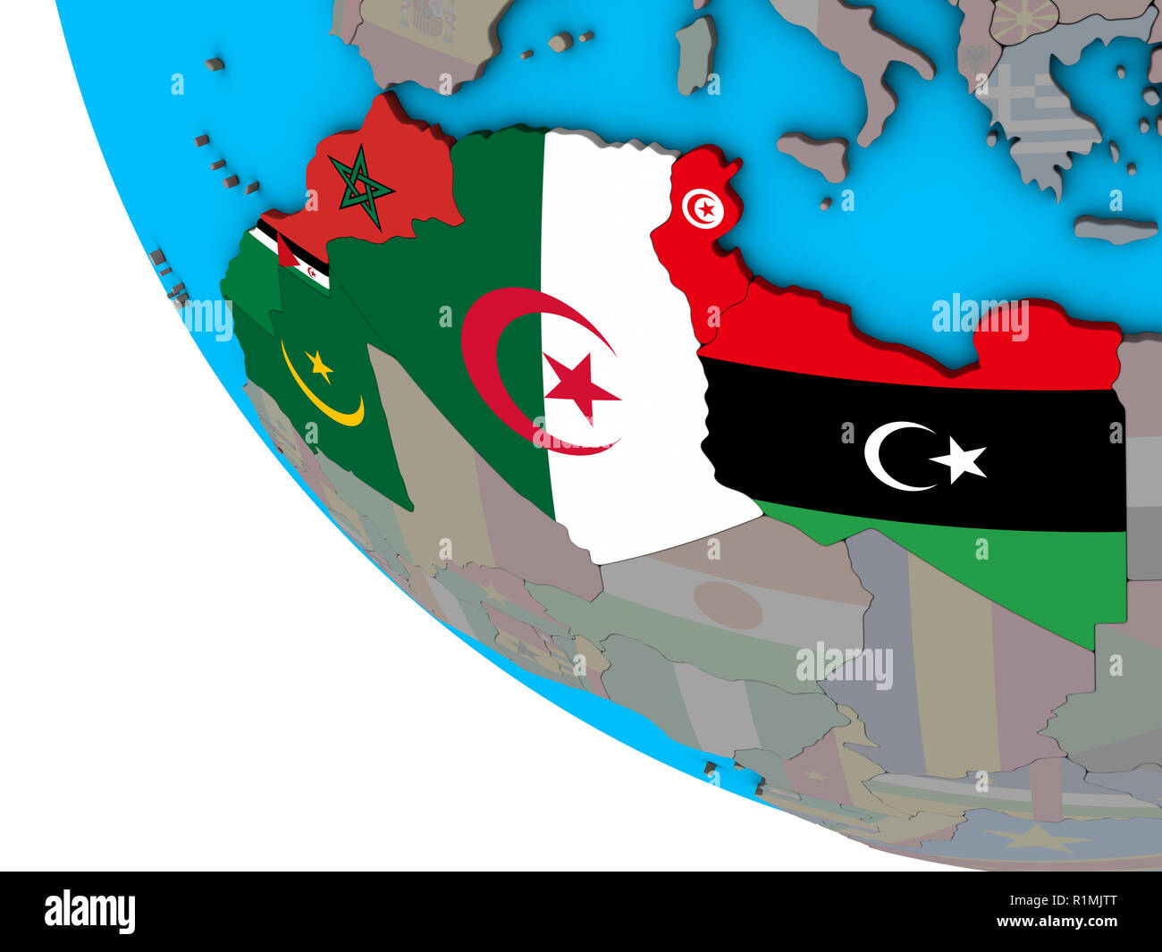 Maghreb region with embedded national flags on simple 3D globe. 3D ...
