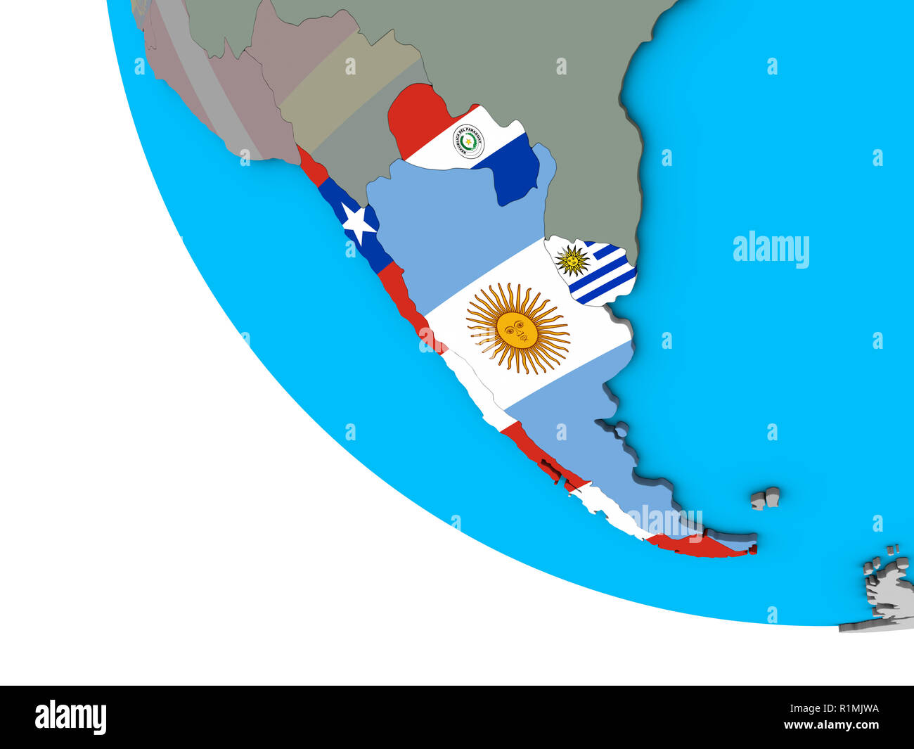 Southern Cone with embedded national flags on simple 3D globe. 3D ...