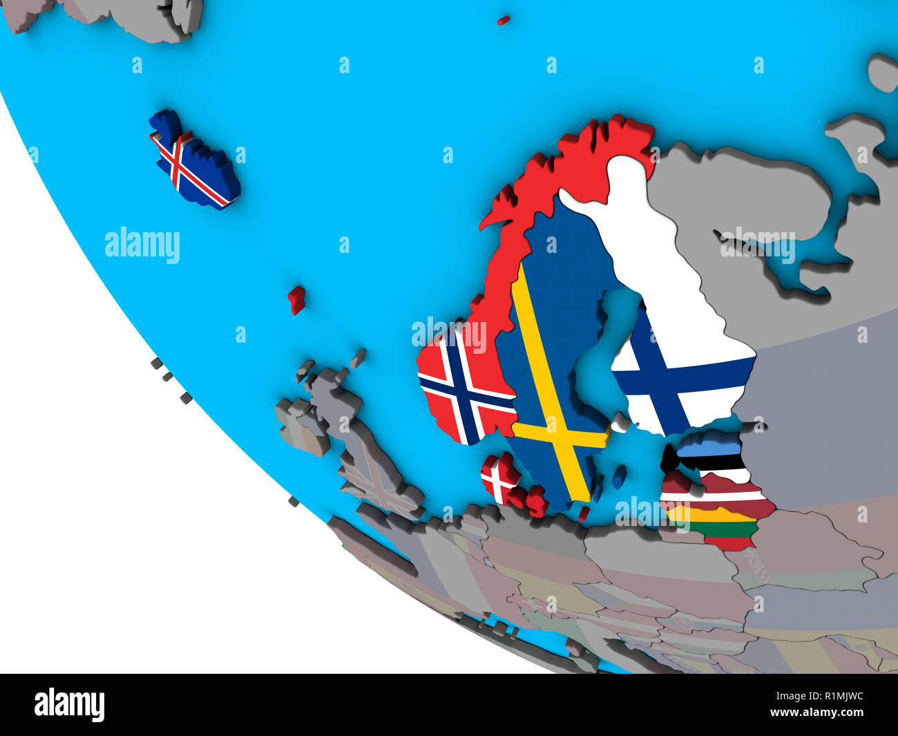 Northern Europe with embedded national flags on simple 3D globe. 3D ...
