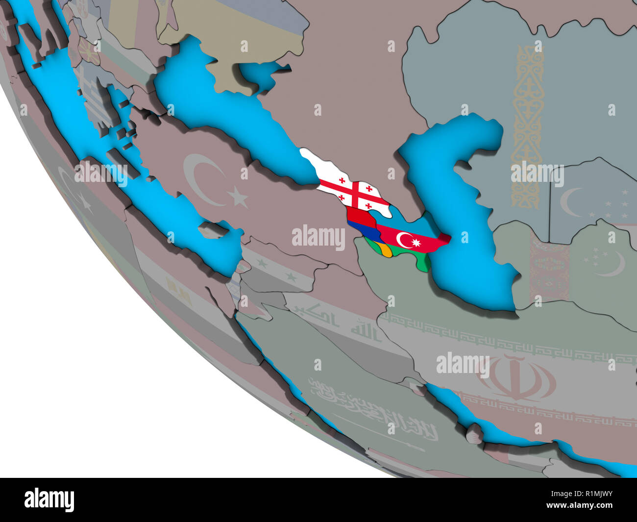 Caucasus region with embedded national flags on simple 3D globe. 3D ...