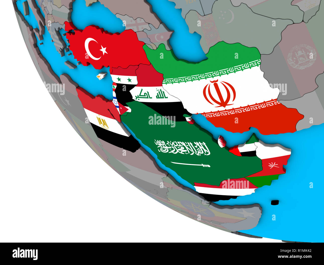 Middle East with embedded national flags on simple 3D globe. 3D ...