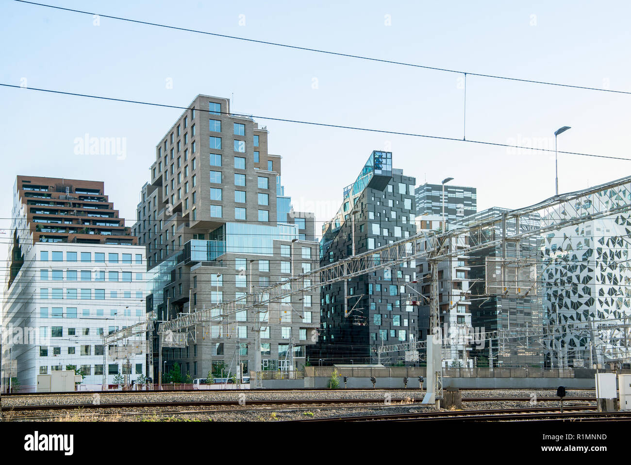 contemporary buildings at railway station at Barcode district, Oslo ...