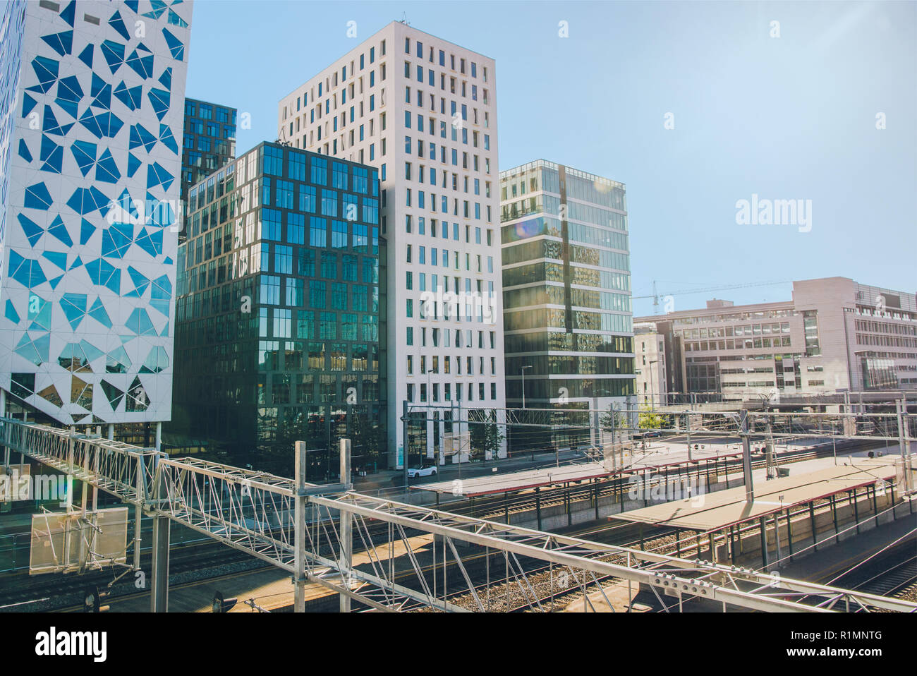beautiful city view at modern buildings and railway station at Barcode ...