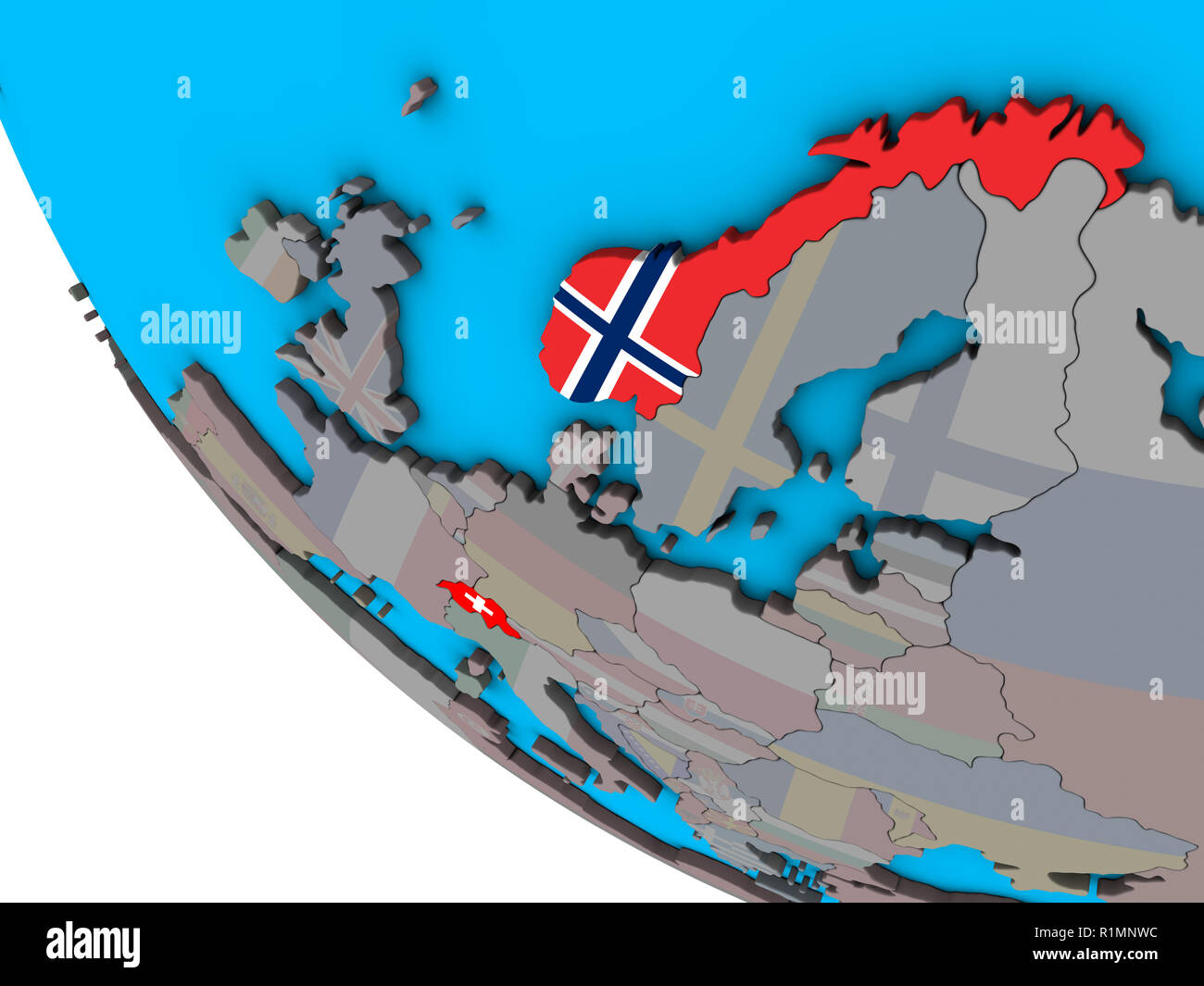 EFTA countries with embedded national flags on simple 3D globe. 3D ...