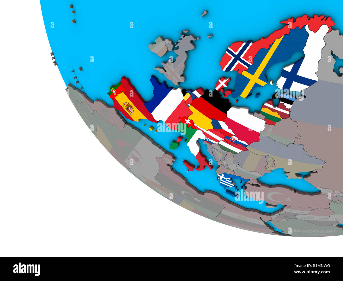 Schengen Area members with embedded national flags on simple 3D globe ...