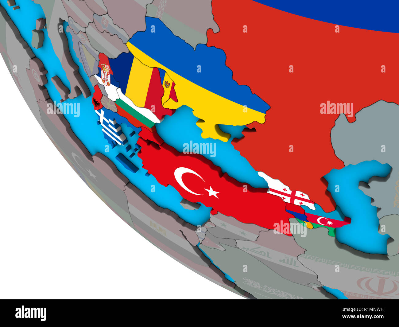 BSEC countries with embedded national flags on simple 3D globe. 3D ...