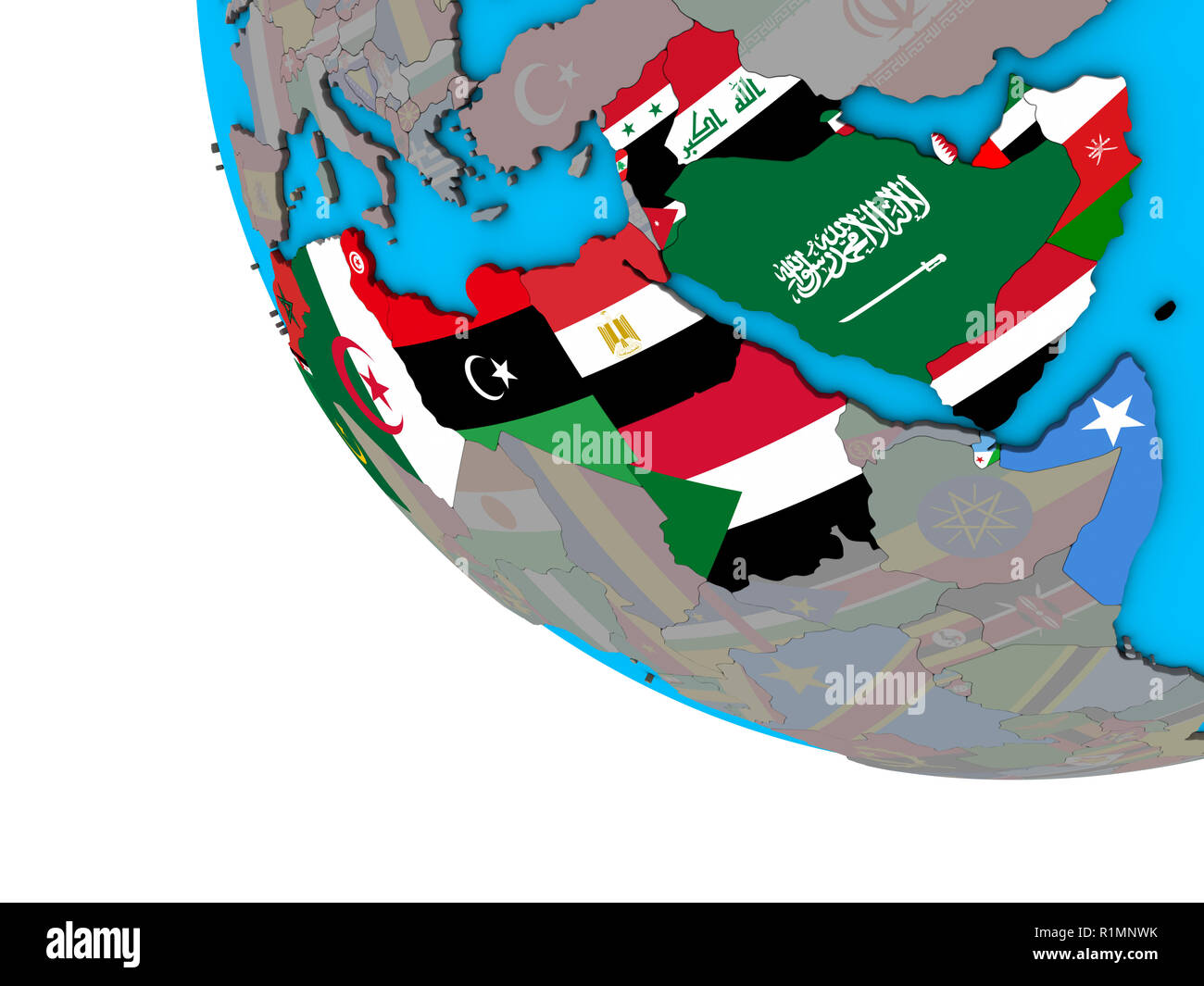 Arab League with embedded national flags on simple 3D globe. 3D ...