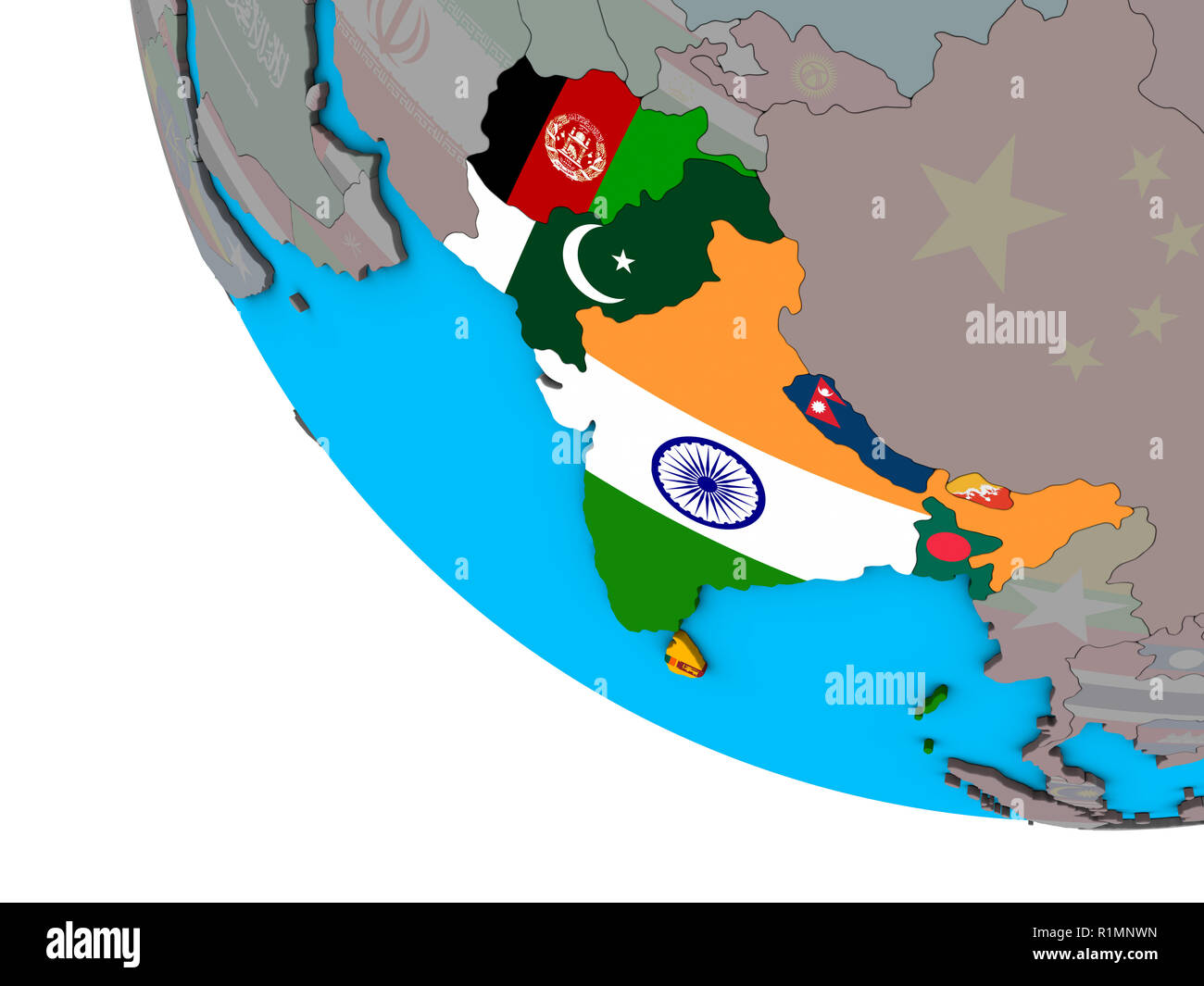 SAARC memeber states with embedded national flags on simple 3D globe ...
