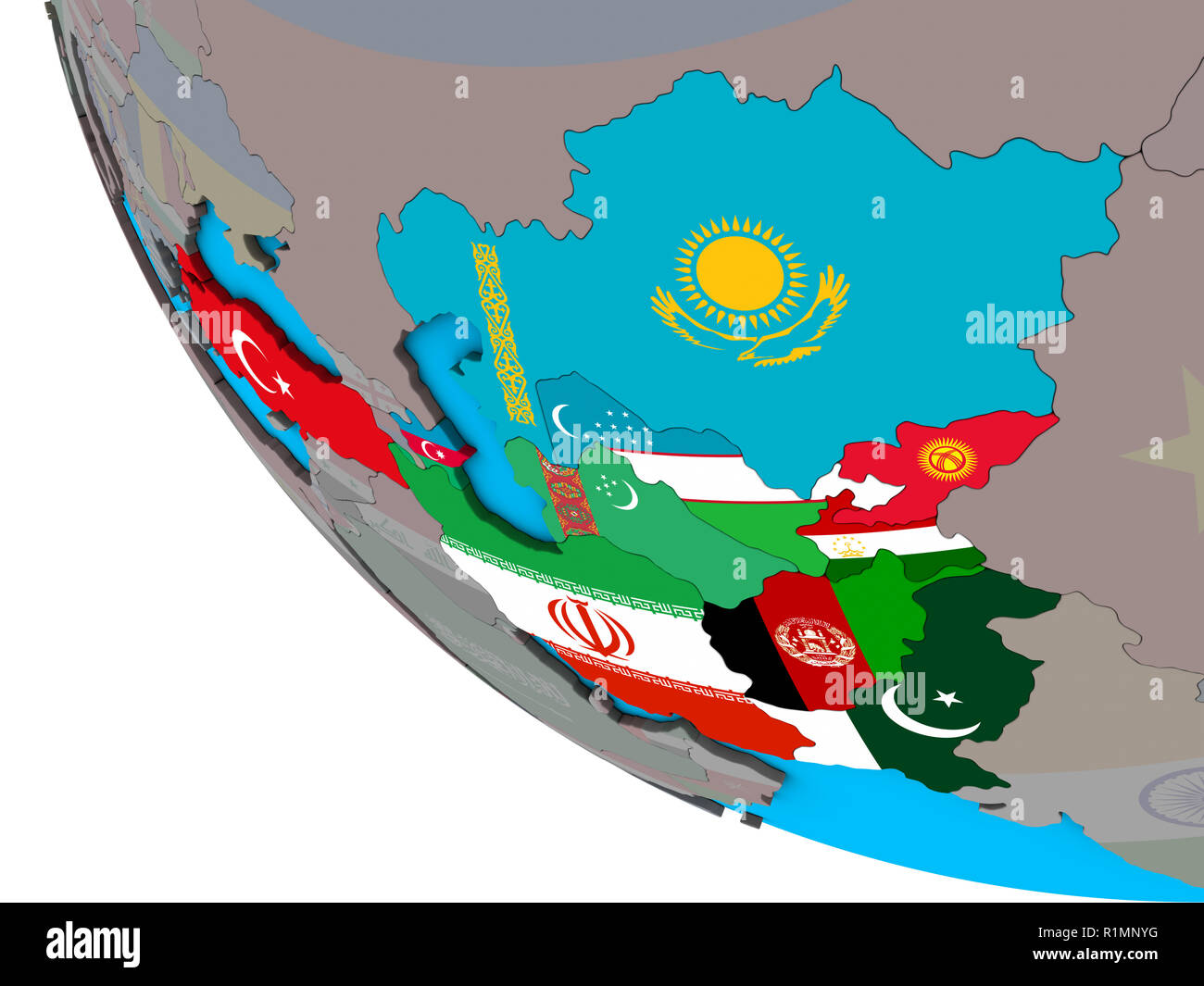 ECO member states with embedded national flags on simple 3D globe. 3D ...