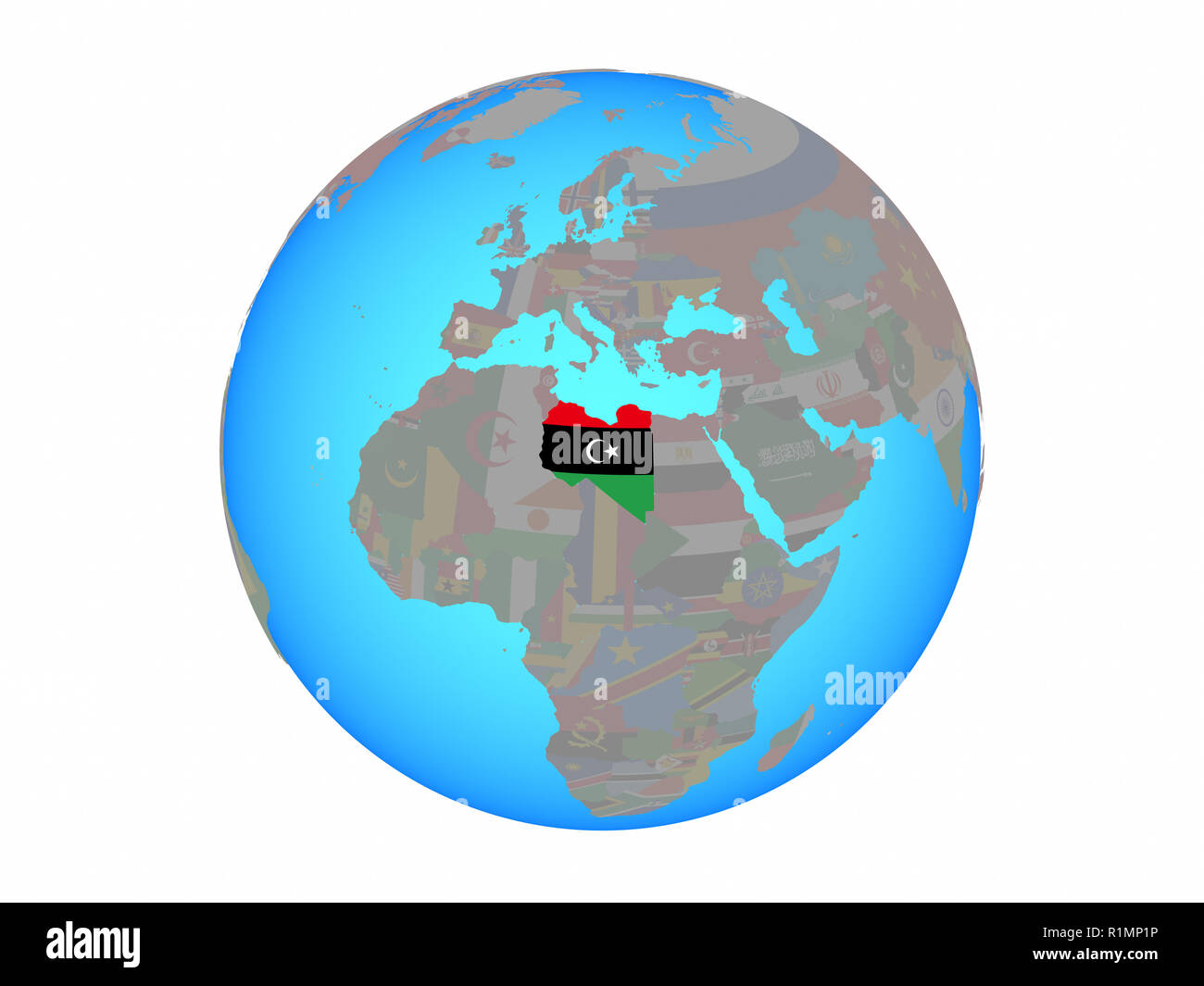 Libya with national flag on blue political globe. 3D illustration ...