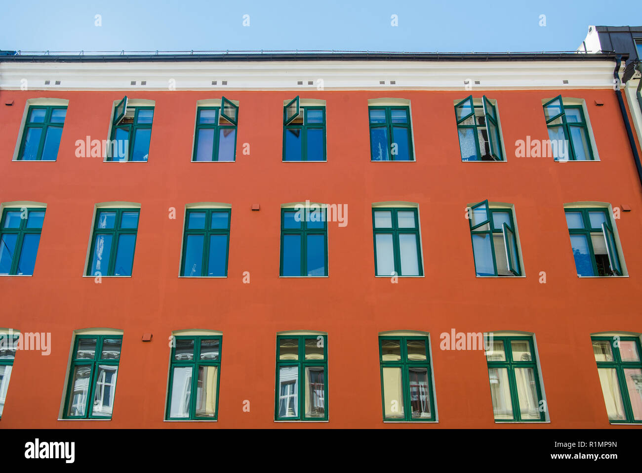 low angle view of bright red house at sunny day in oslo, norway Stock ...