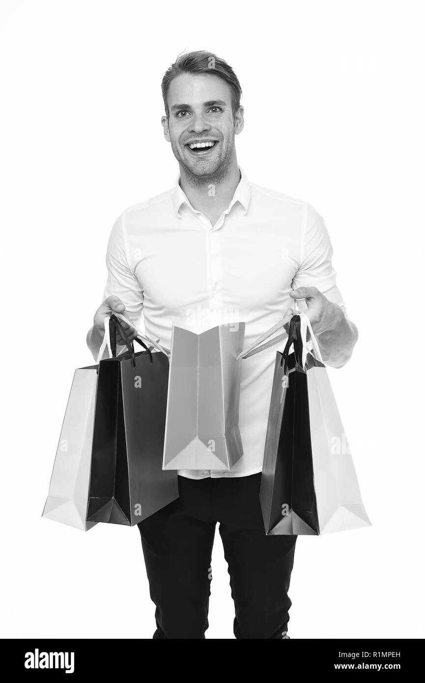 Is it for me. Guy satisfied got bag gift. Man happy received package ...