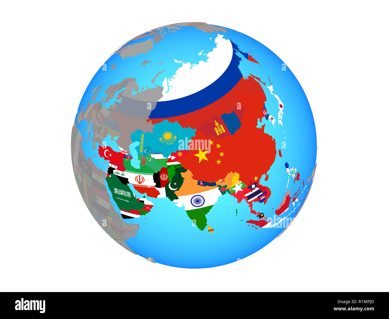 Asia with national flags on blue political globe. 3D illustration ...