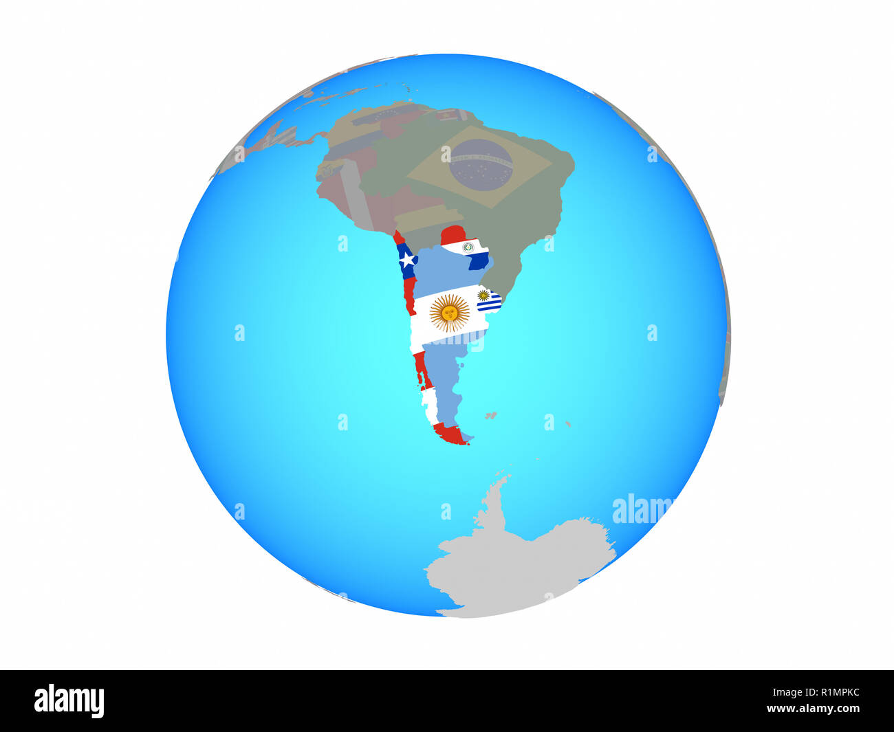 Southern Cone with national flags on blue political globe. 3D ...