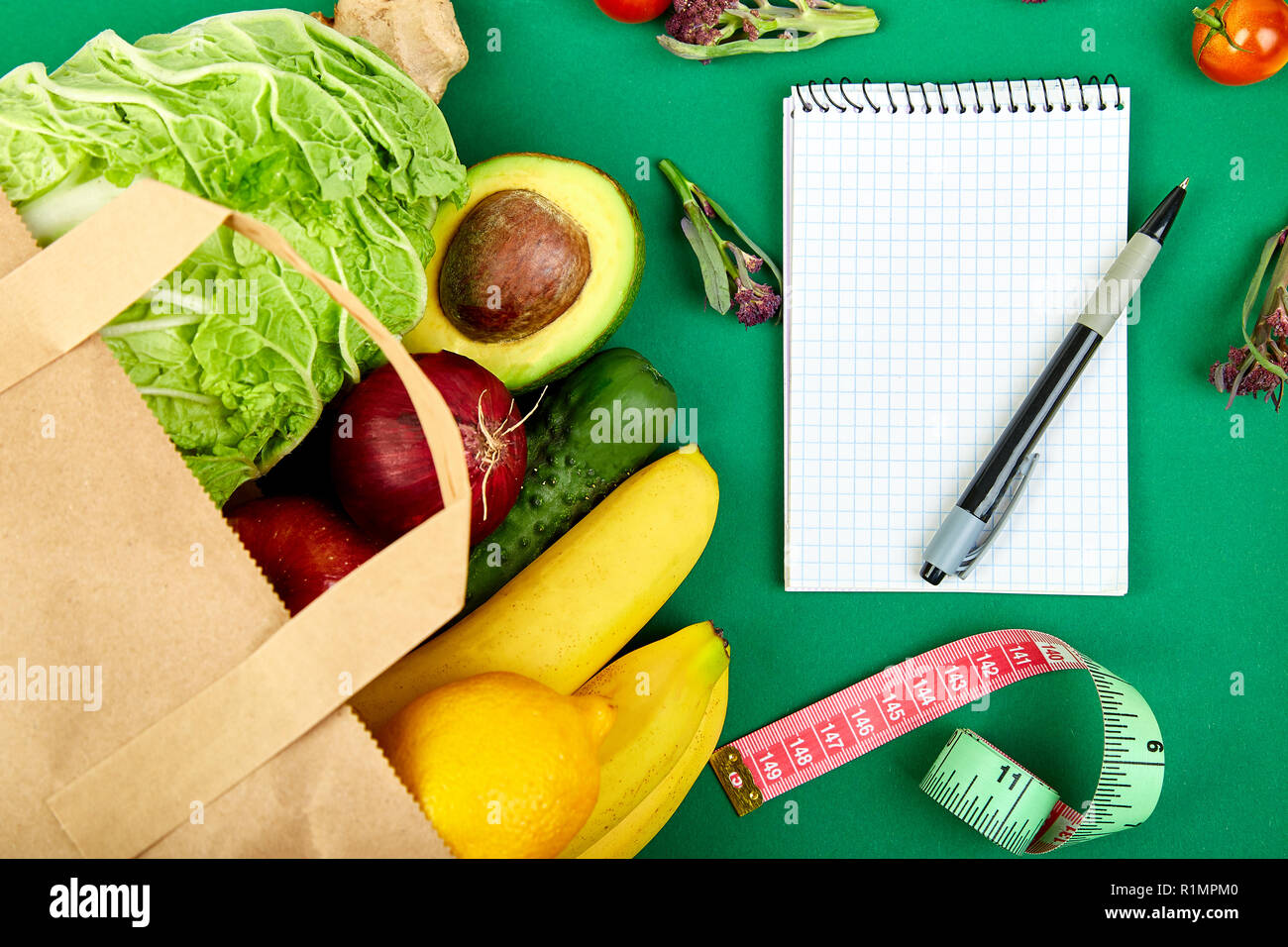 Shopping list, recipe book, diet plan. Grocering concept. Full paper ...
