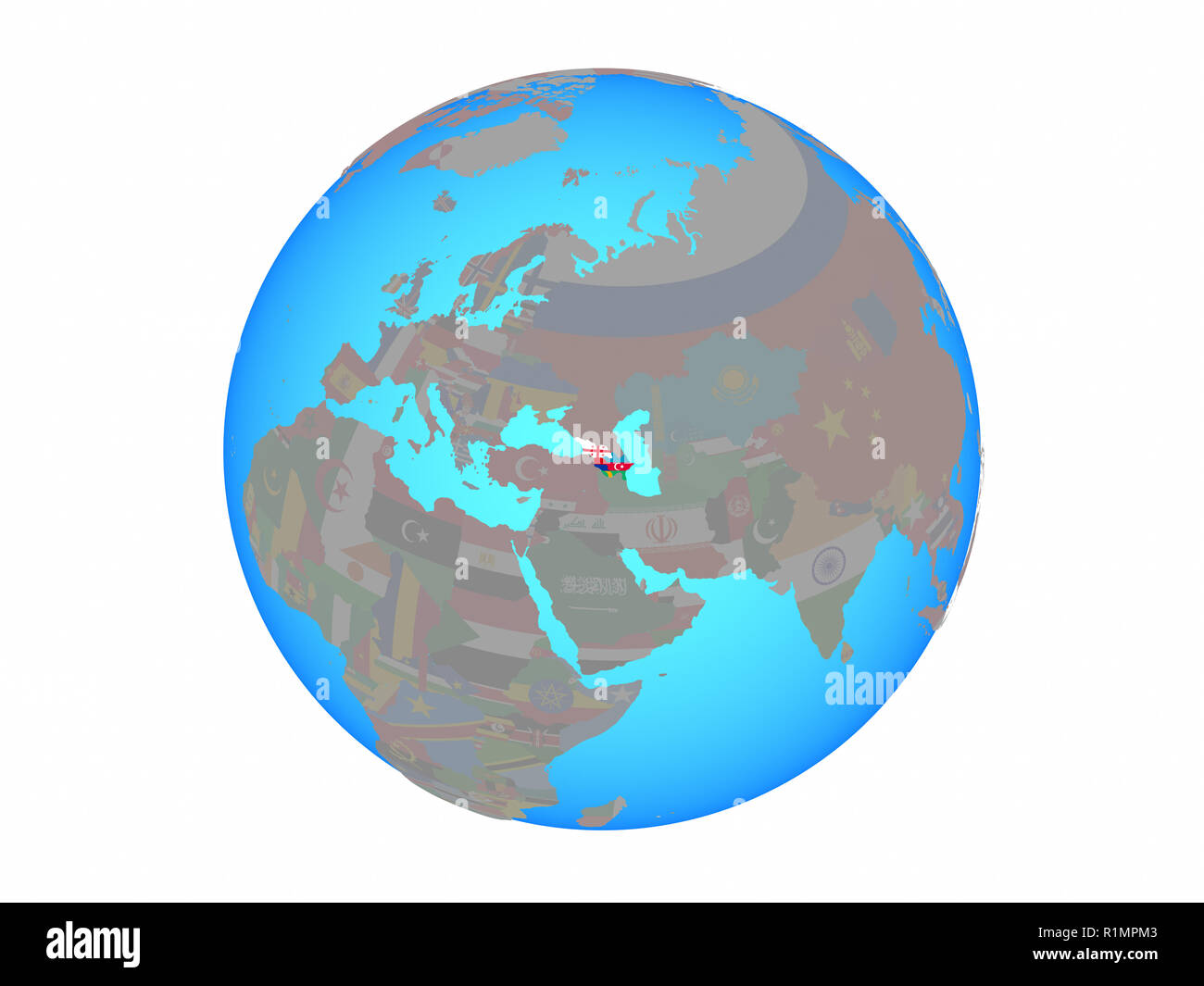 Caucasus region with national flags on blue political globe. 3D ...