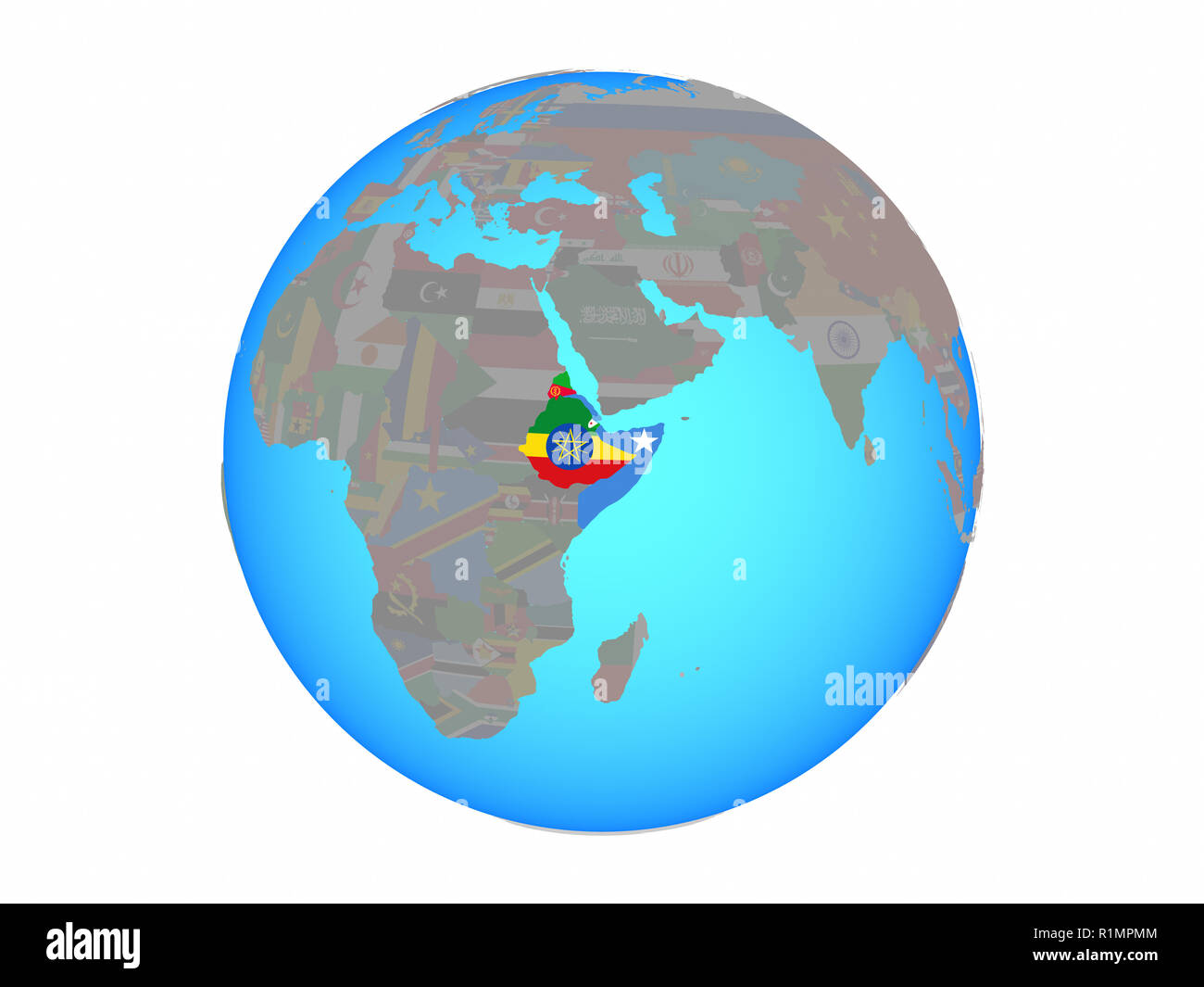 Horn of Africa with national flags on blue political globe. 3D ...