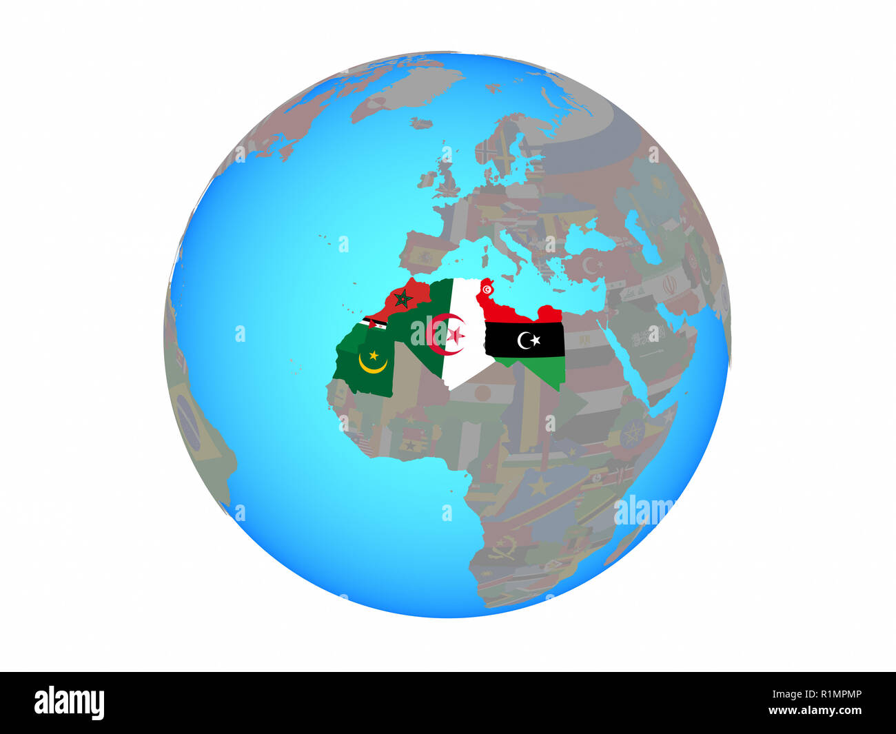 Maghreb region with national flags on blue political globe. 3D ...