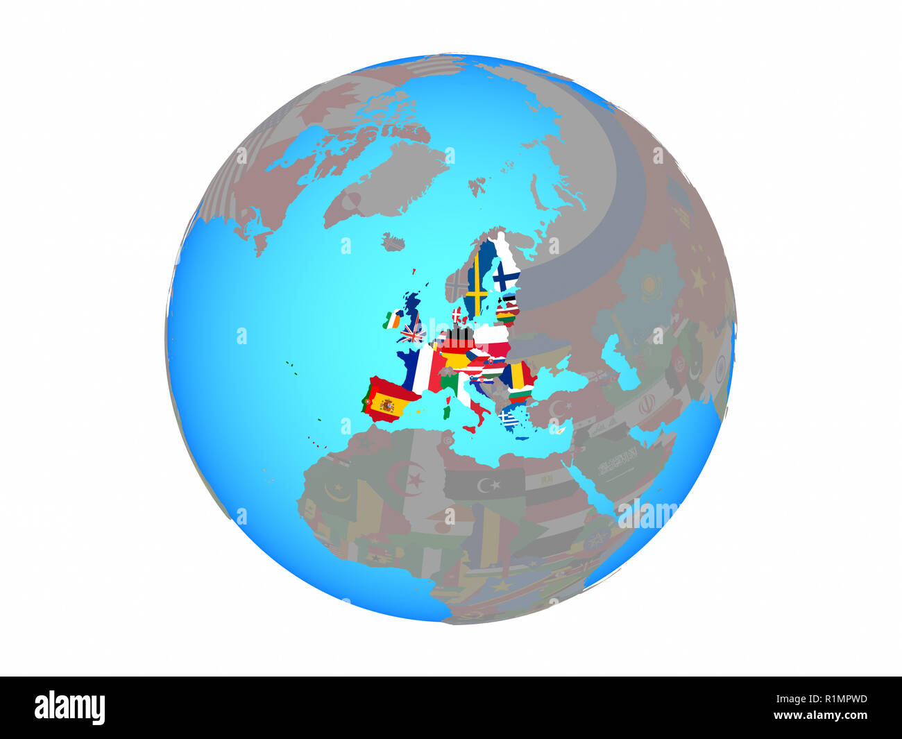 European Union with national flags on blue political globe. 3D ...