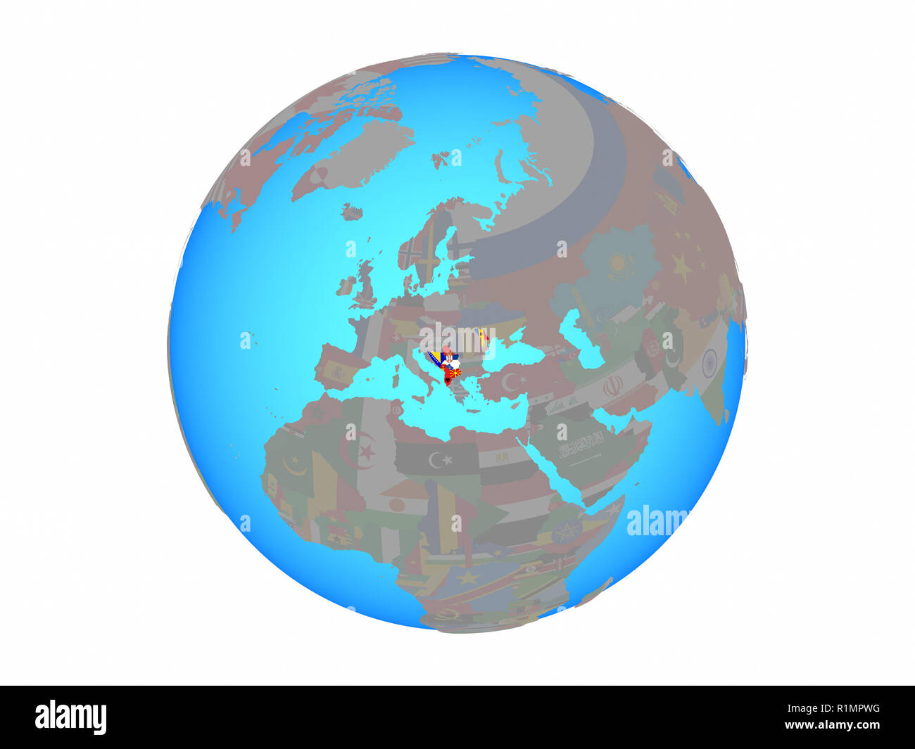 CEFTA countries with national flags on blue political globe. 3D ...