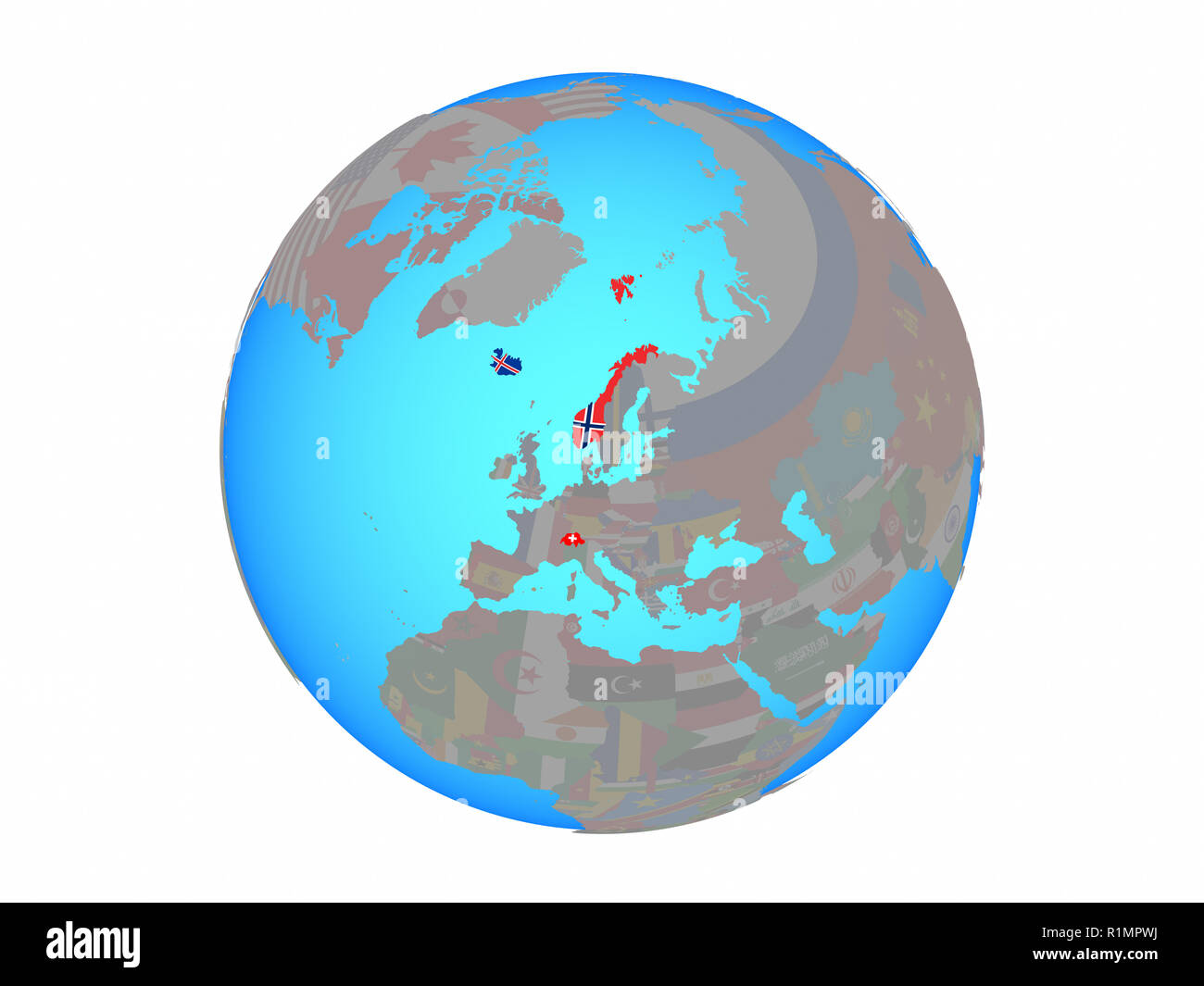 EFTA countries with national flags on blue political globe. 3D ...